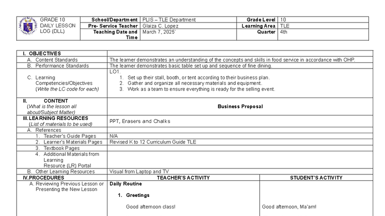 GRADE 10 TLE DAILY LESSON LOG - MARCH 7, 4TH QUARTER - Studocu