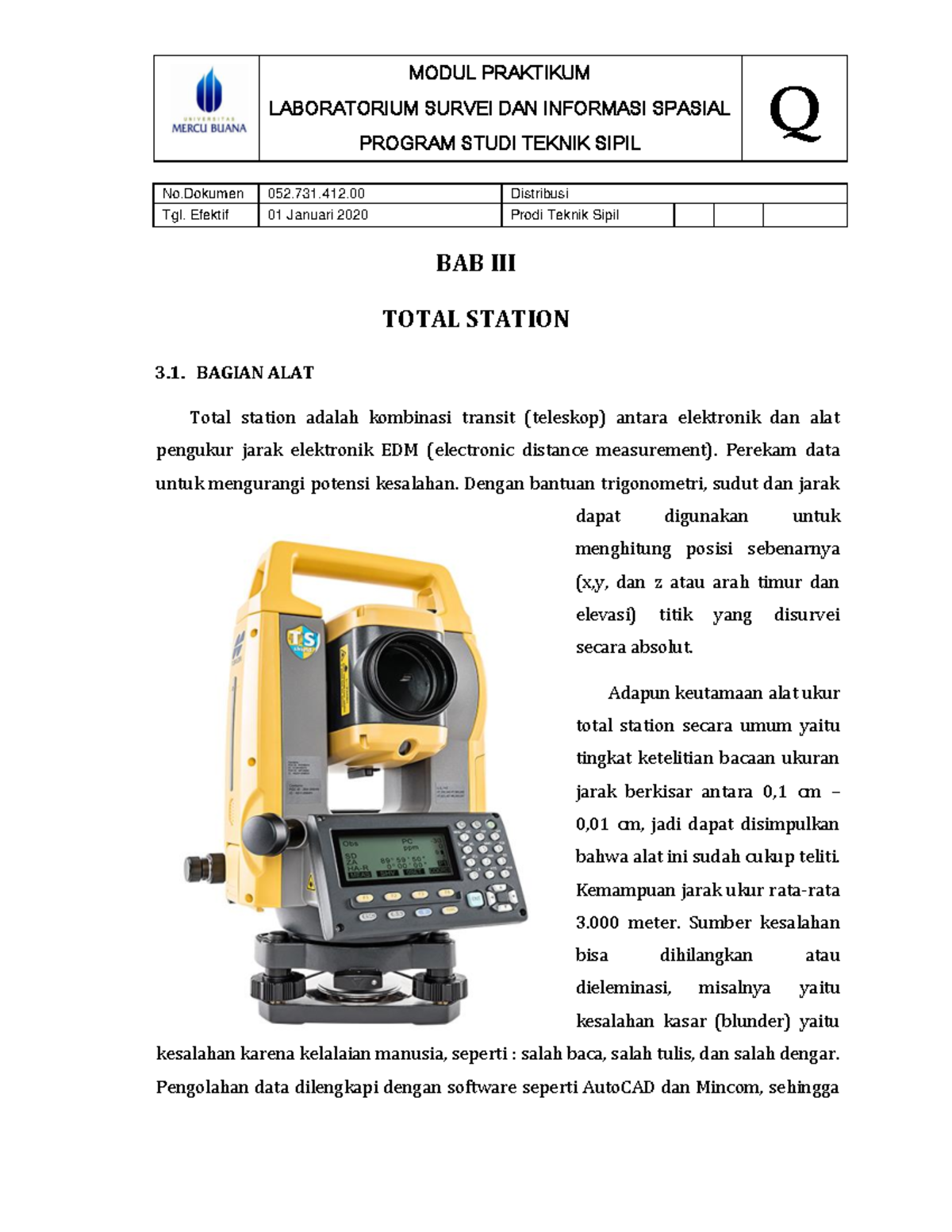 BAB III TS - Total Station: Alat Surveying dan Cara Kerjanya - Studocu