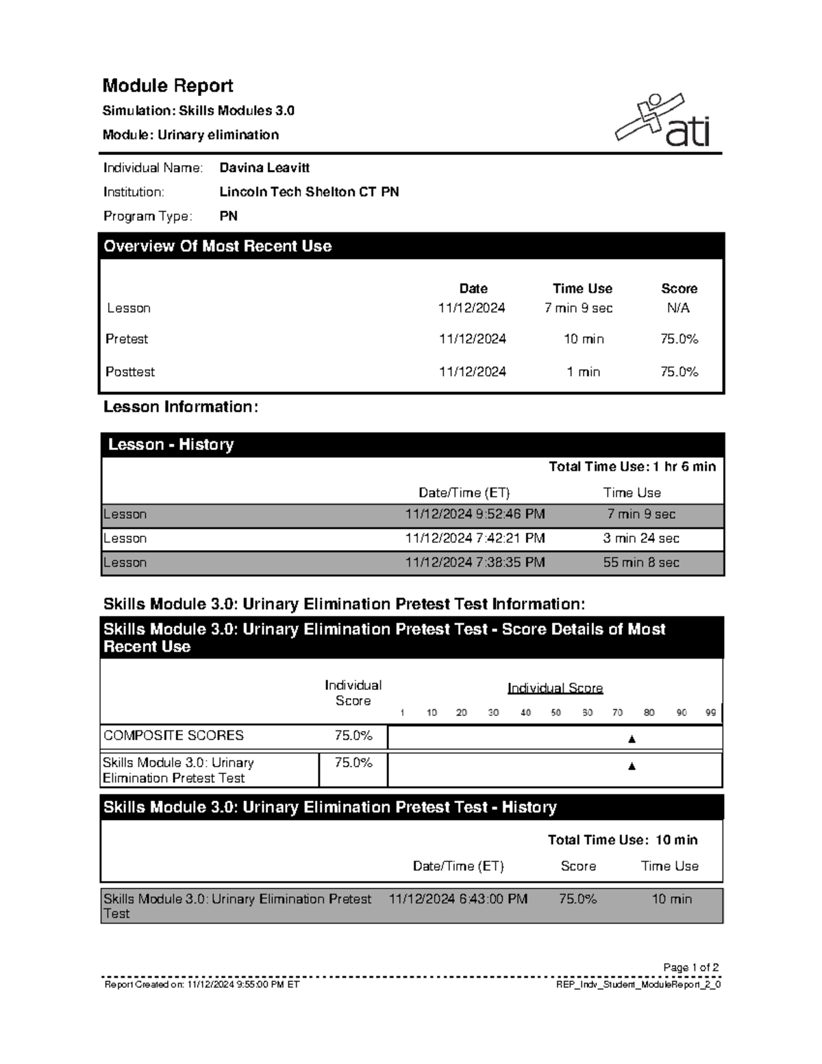ATI urinary - Module Report Simulation: Skills Modules 3. Module ...