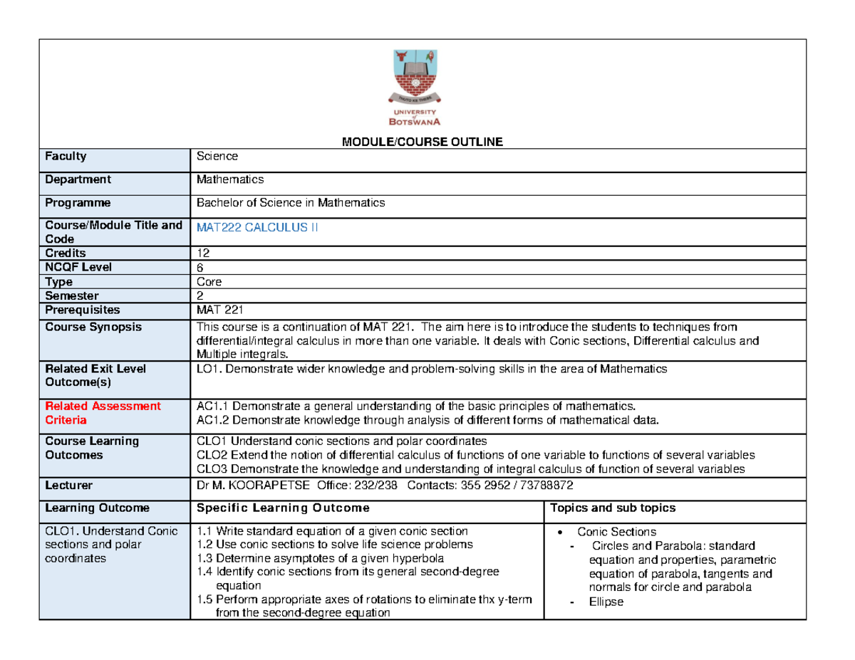 Mat 222 Calculus Ii Course Outline 2025 Module Course Outline Faculty