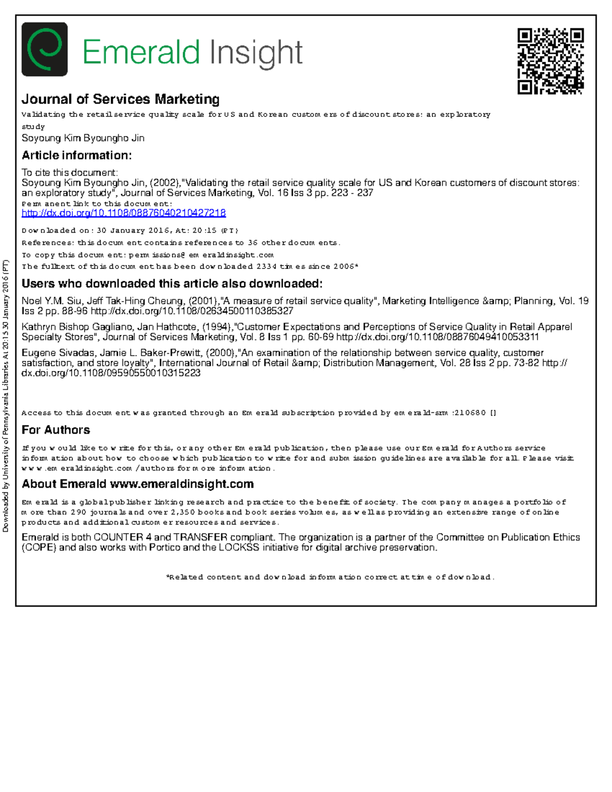 Marketing 1: Validating Retail Service Quality Scale in US and Korea ...