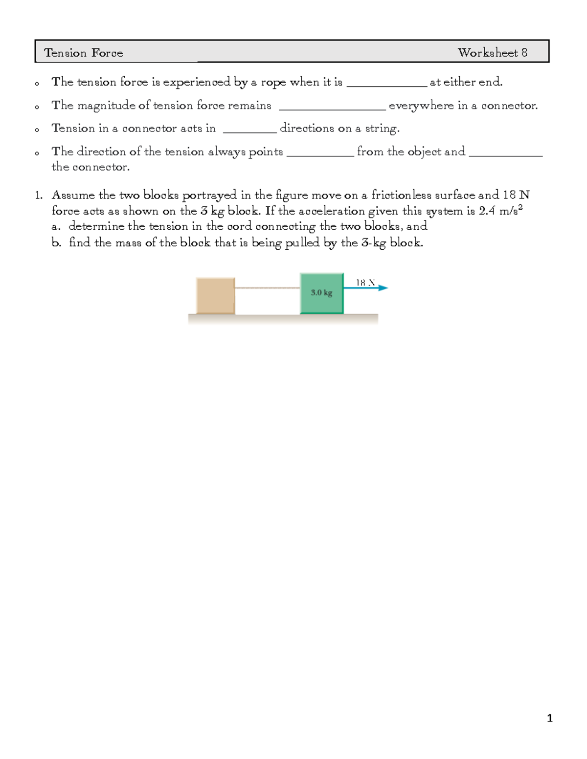 WS8 Tension Force Worksheet: Concepts & Calculations - Studocu