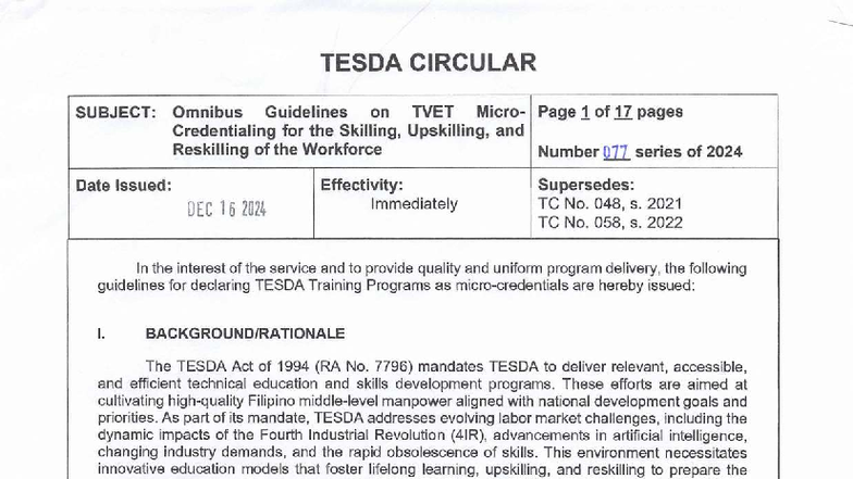 TESDA Circular No. 077-2024: Guidelines on TVET Credentialing for ...