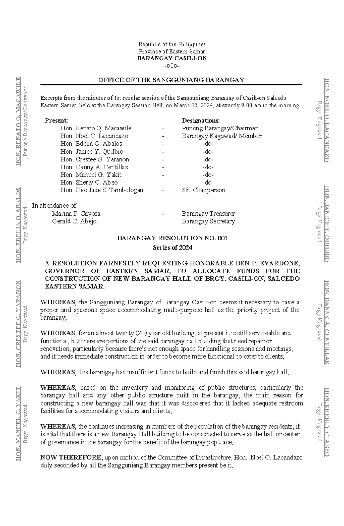 Resolution for Funding the Construction of Brgy. Hall in Casili-on ...