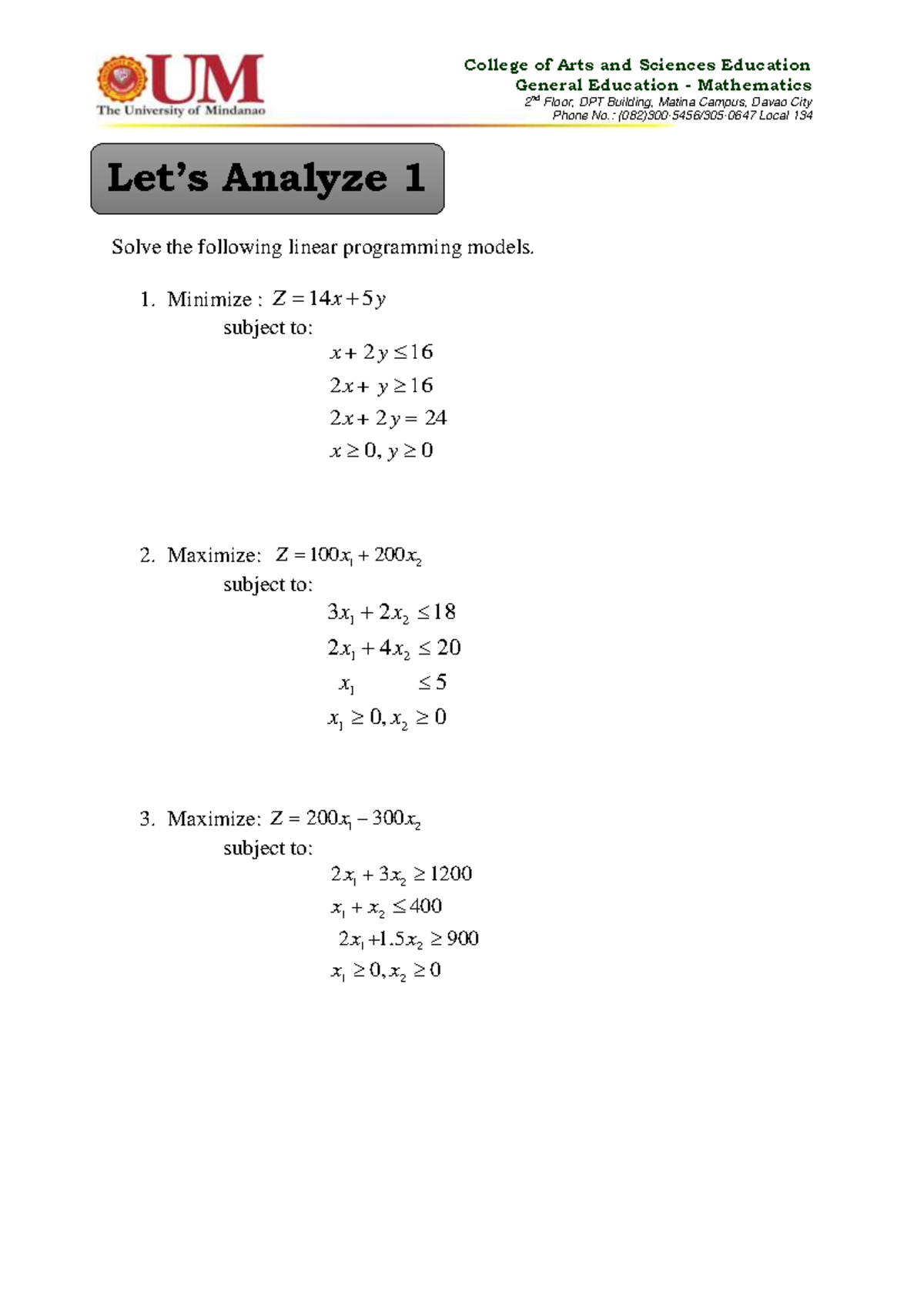 Linear programming models - College of Arts and Sciences Education ...