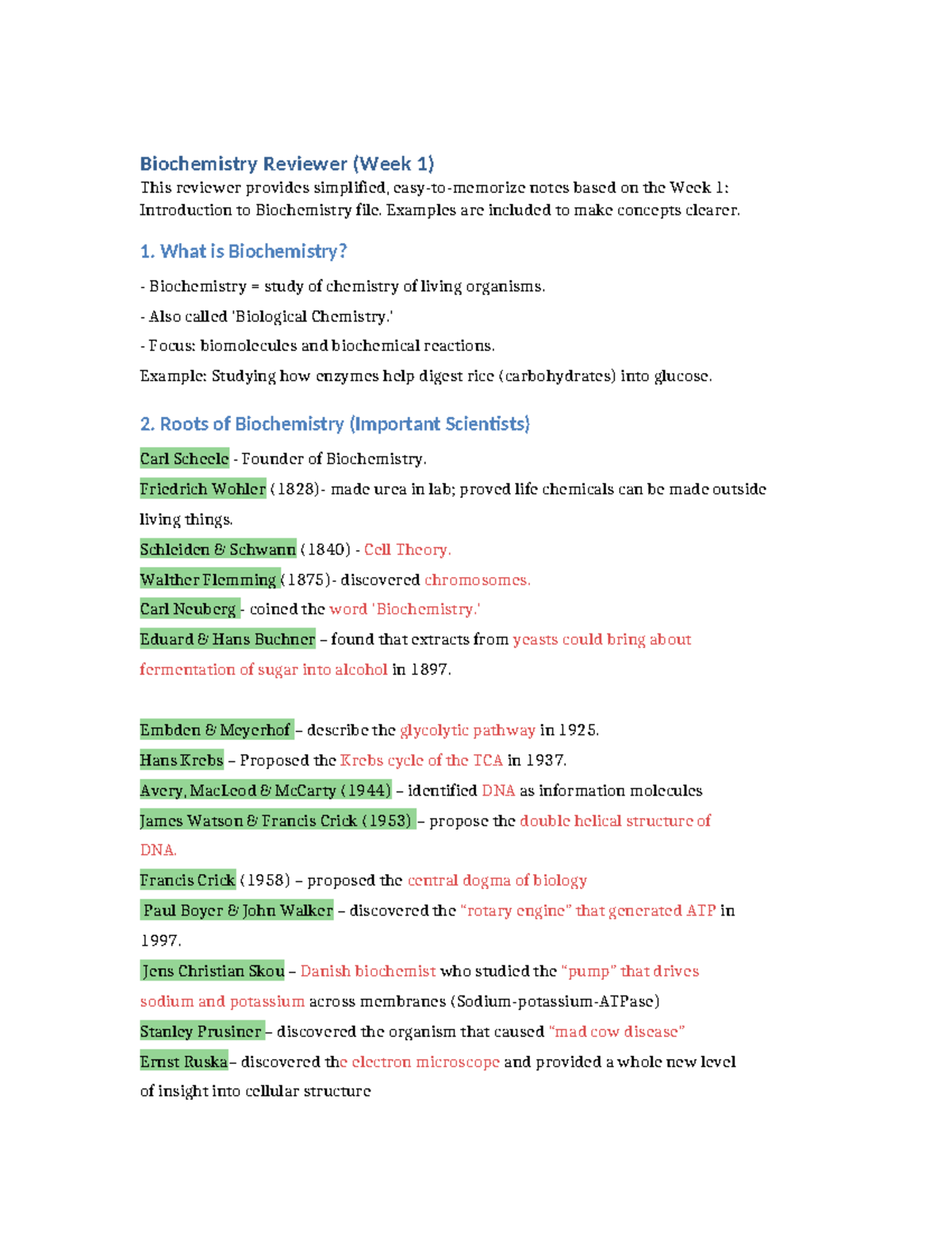 Biochemistry Reviewer (BIO101) - Week 1 Notes and Concepts - Studocu