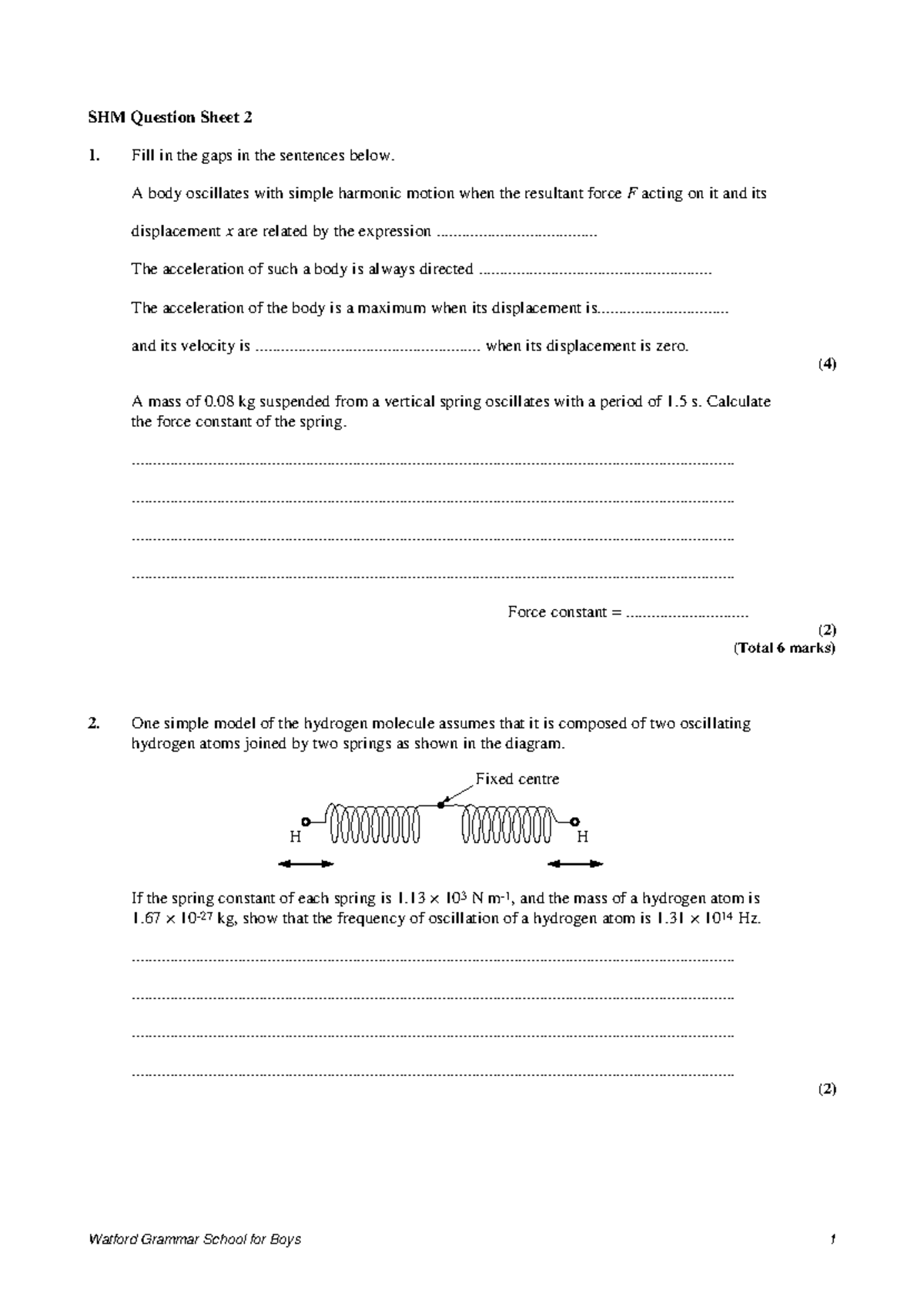 SHM Question Sheet 2: Oscillations and Spring Constants - Studocu