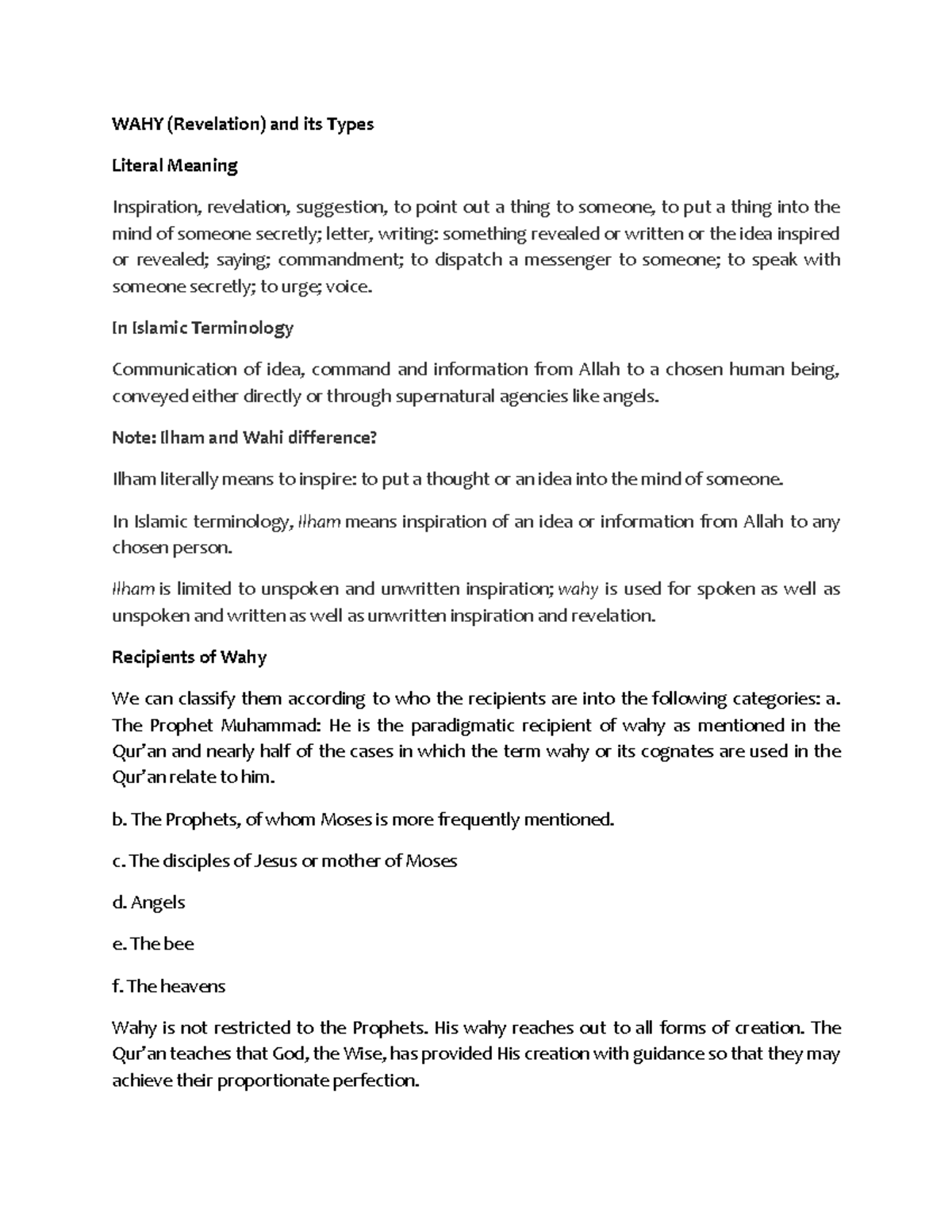 Types and Nature of Wahy in Islamic Revelation - Studocu