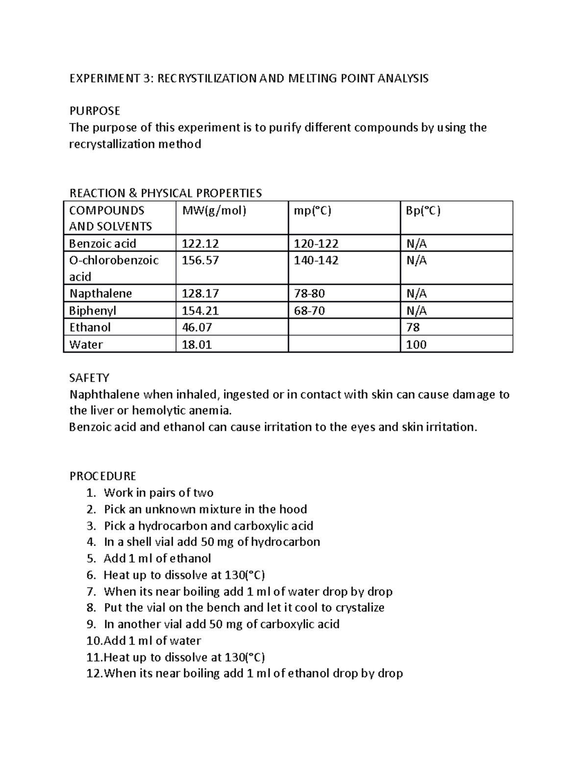 Experiment 3: Recrystallization & Melting Point Lab Report - Studocu