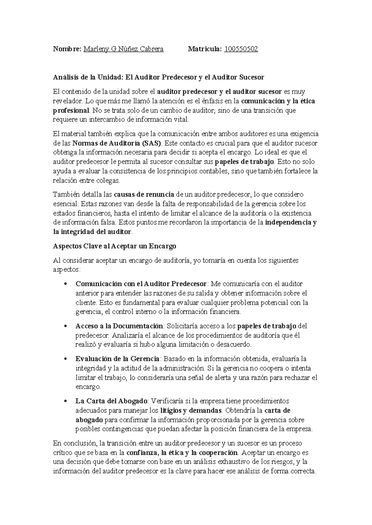 Unidad 3: Análisis del Auditor Predecesor y Sucesor en Auditoría 3 ...