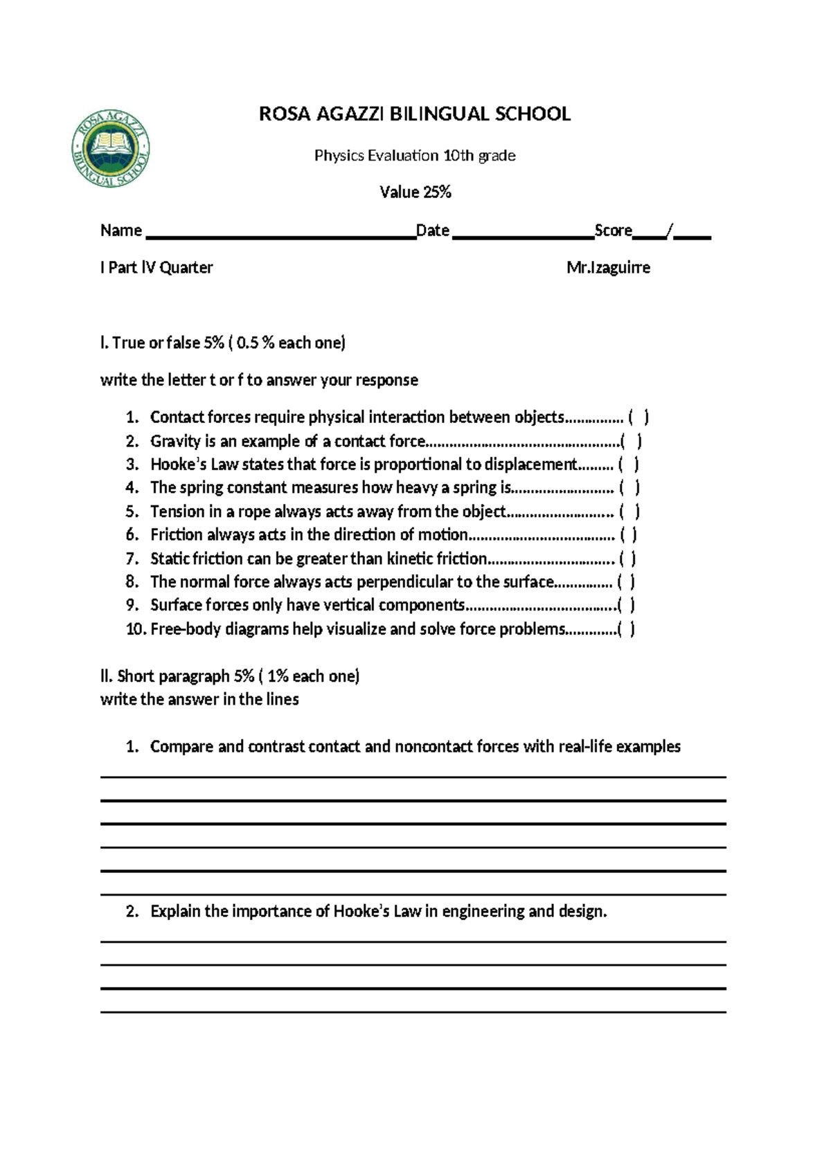 Physics Evaluation 10th Grade - ROSA AGAZZI BILINGUAL SCHOOL - Studocu
