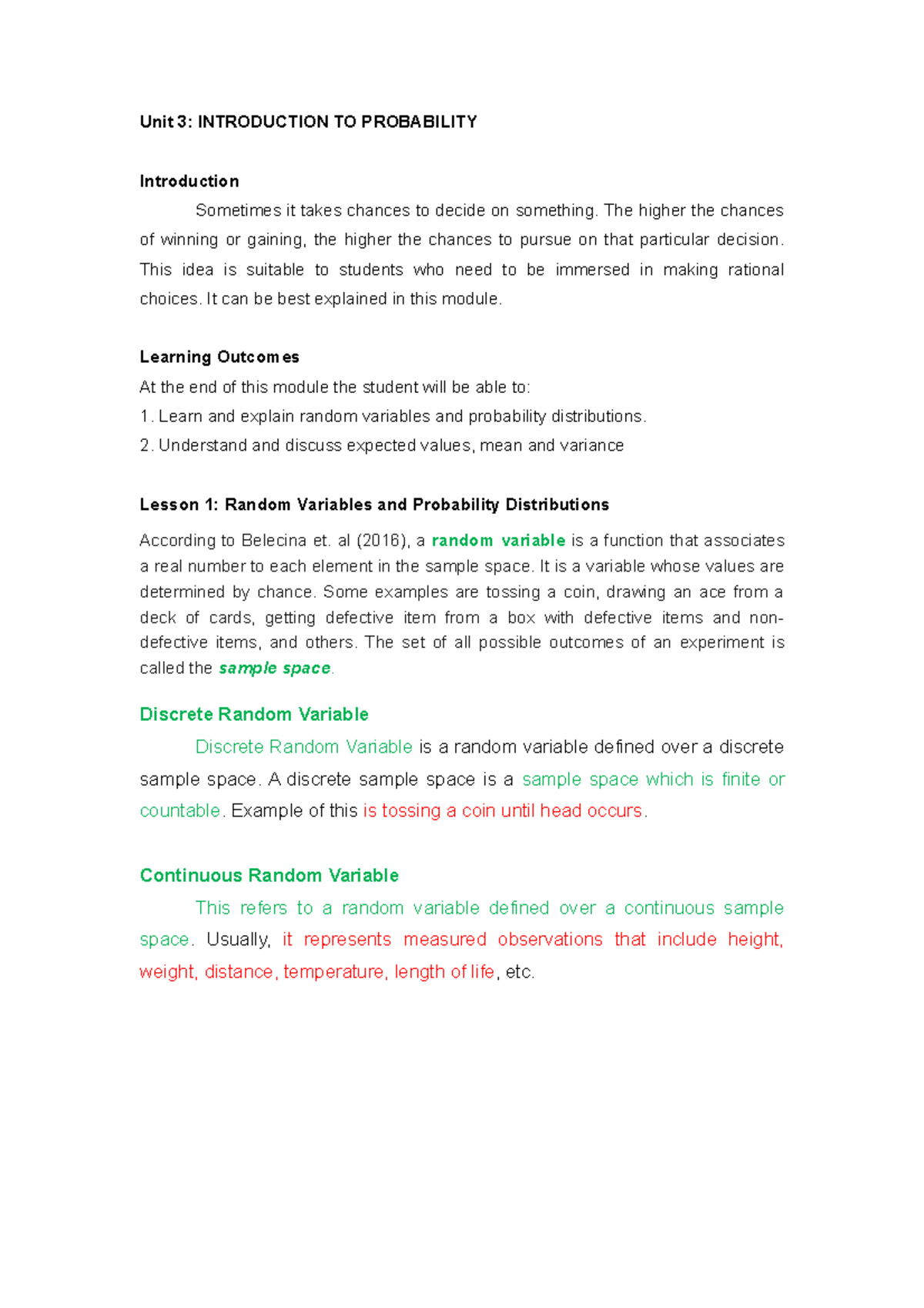 Module 3-Introduction to Probability - Unit 3: INTRODUCTION TO ...