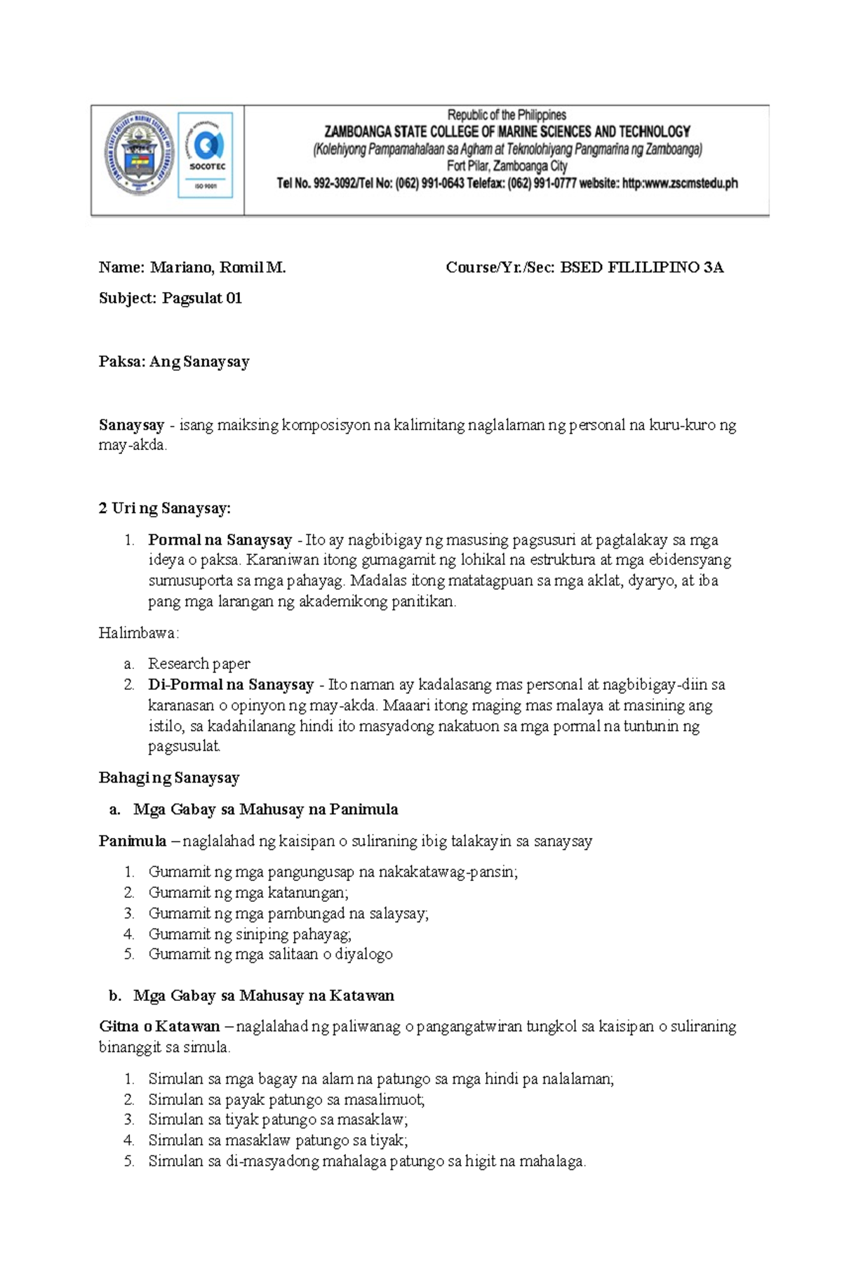 ANG Sanaysay - Mariano, Romil M. (outline sa Pagsulat 01) - Name ...