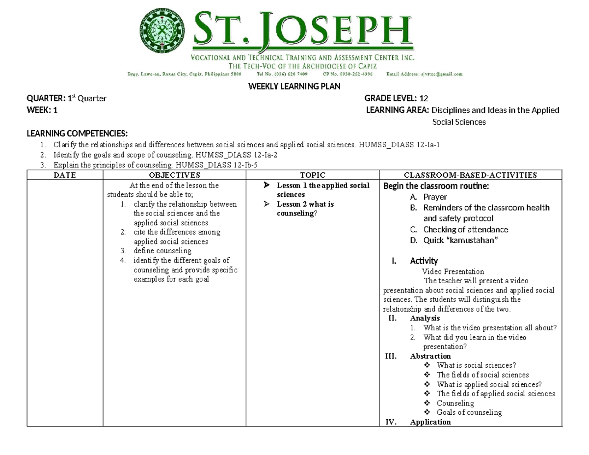 WEEK 1 Learning Plan for HUMSS_DIASS 12 - Social Sciences & Counseling ...