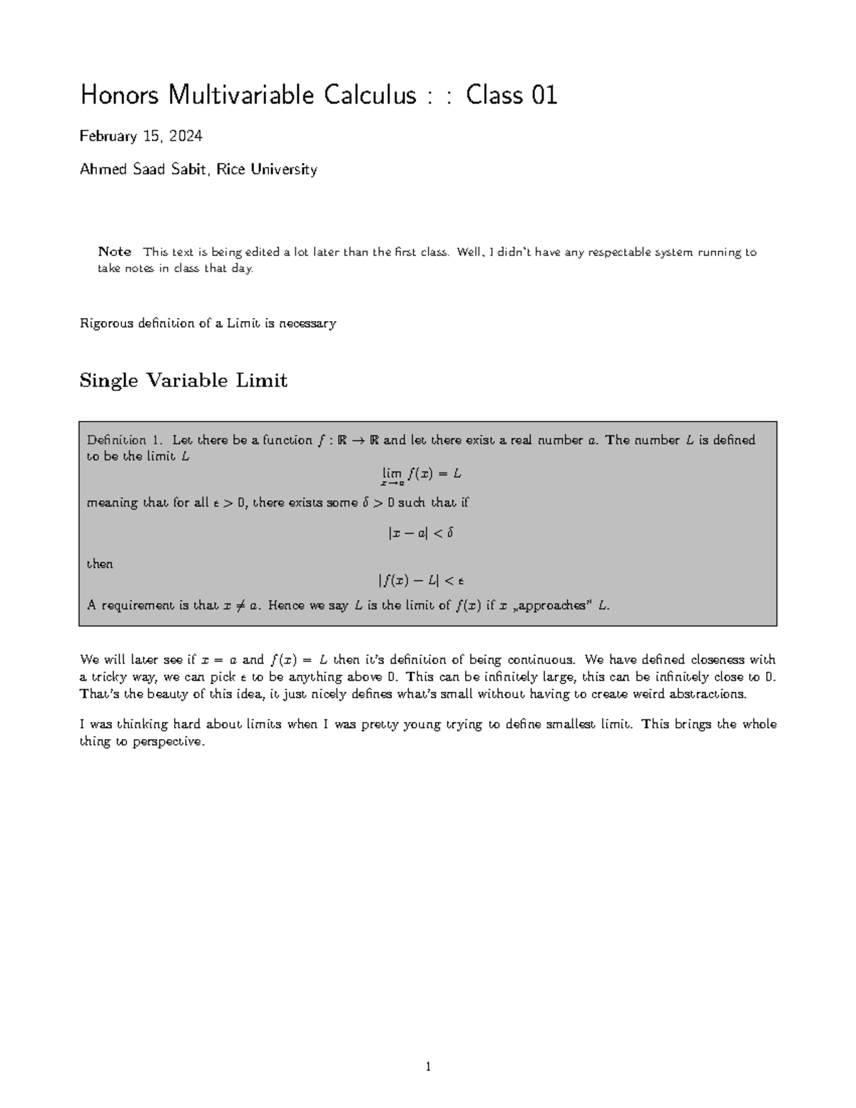 Honors Multivariable Calculus Class Notes: Limits and Functions (MATH ...