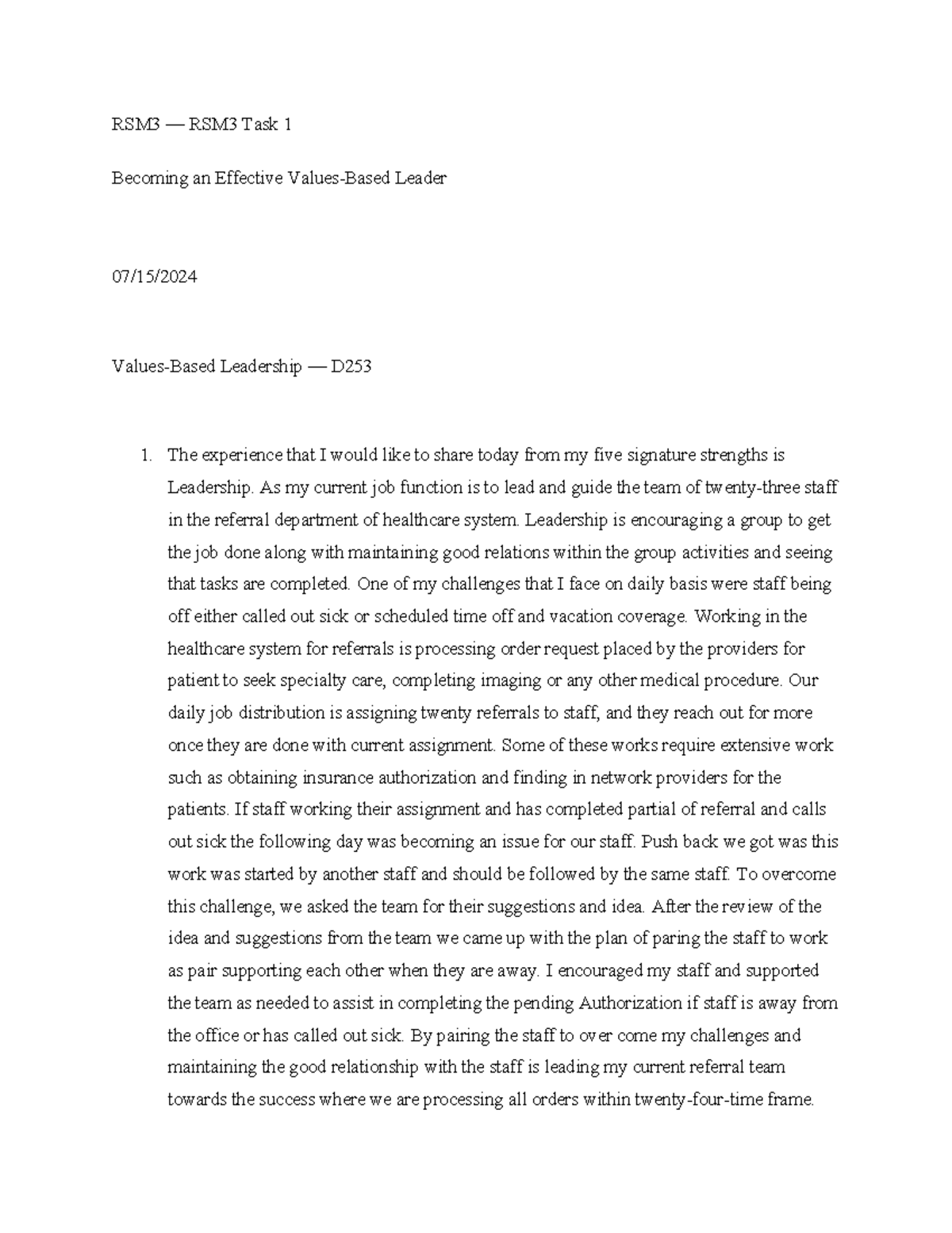 Values-Based Leadership RSM3 Task 1: Insights on Effective Leadership ...