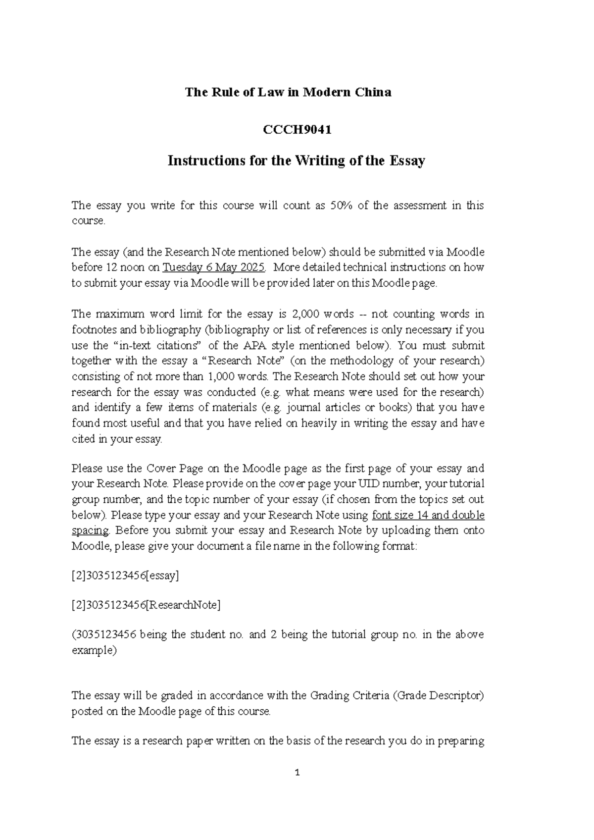Essay Instructions: The Rule of Law in Modern China (Course Code ...