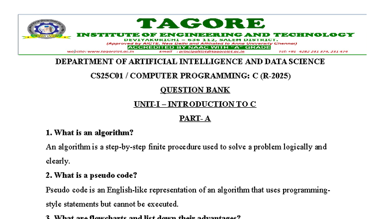 CS25C01 COMPUTER PROGRAMMING: C QUESTION BANK - Studocu