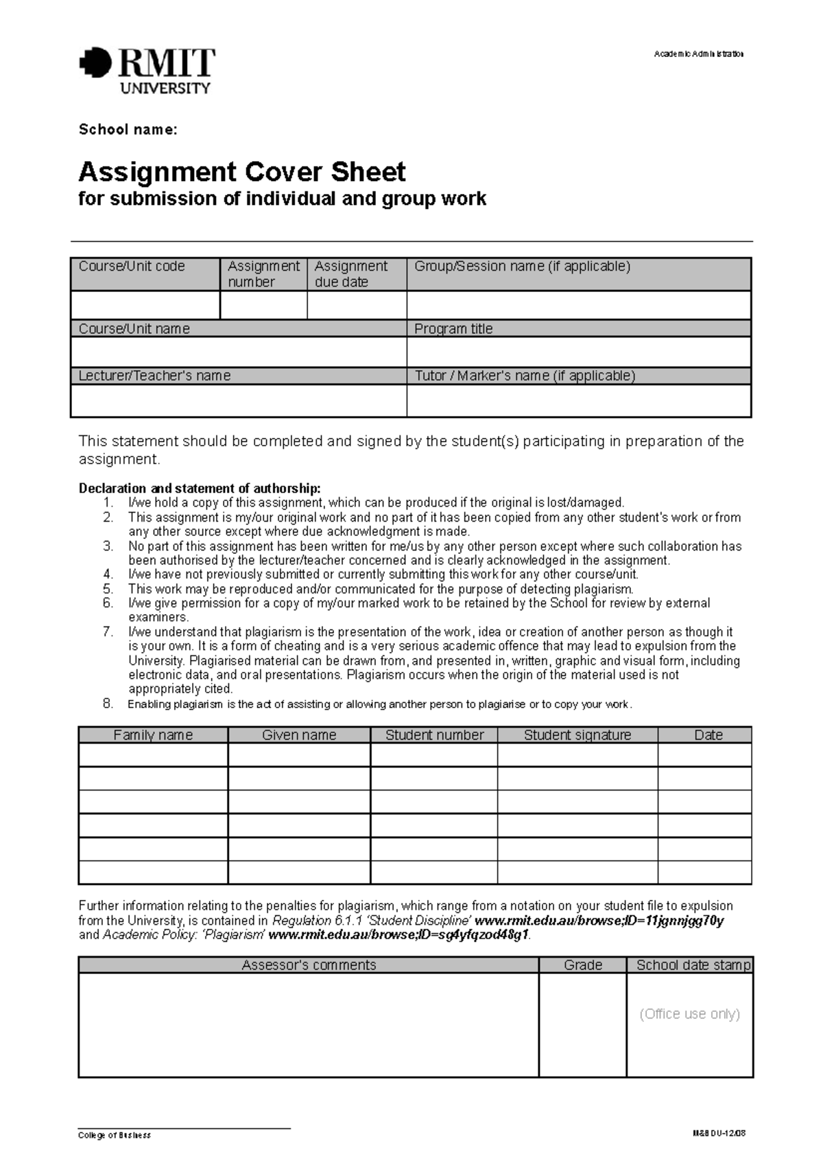 Assignment Cover Sheet Free Word Template Download - Academic ...