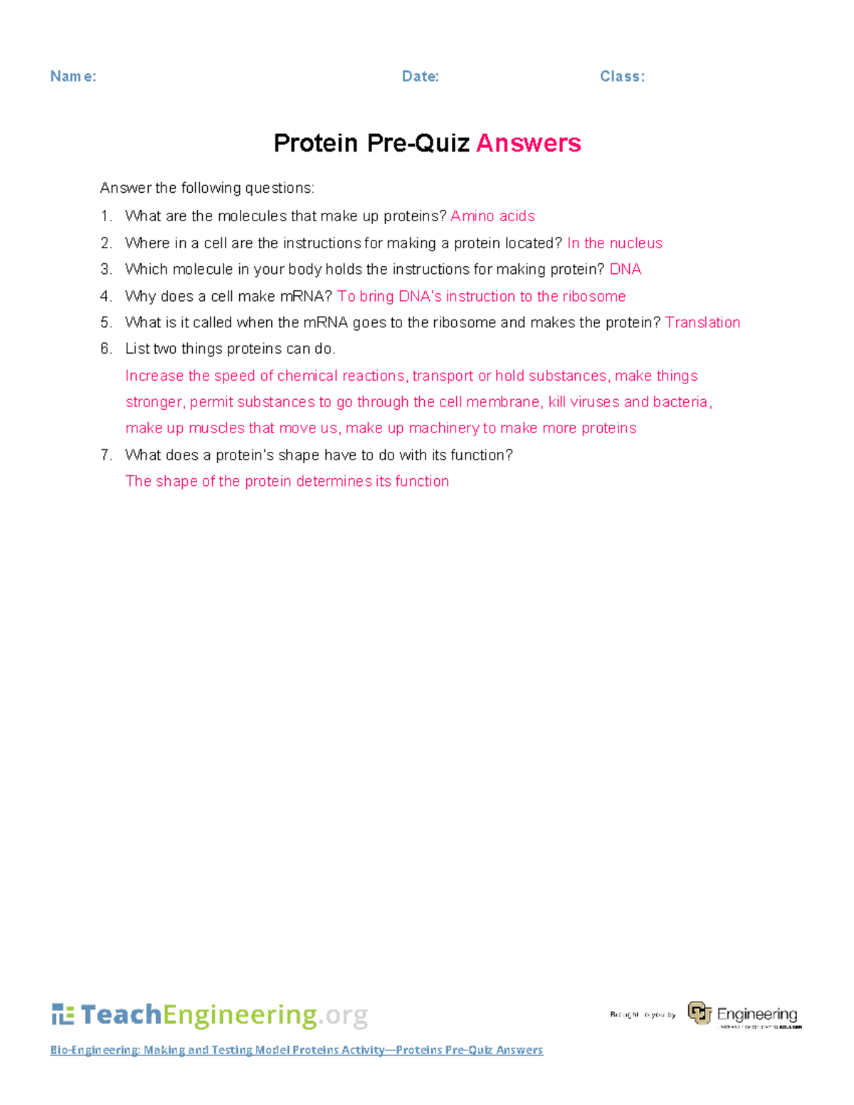 proteins quiz proteins quiz - Name: Date: Class: Bio-Engineering ...
