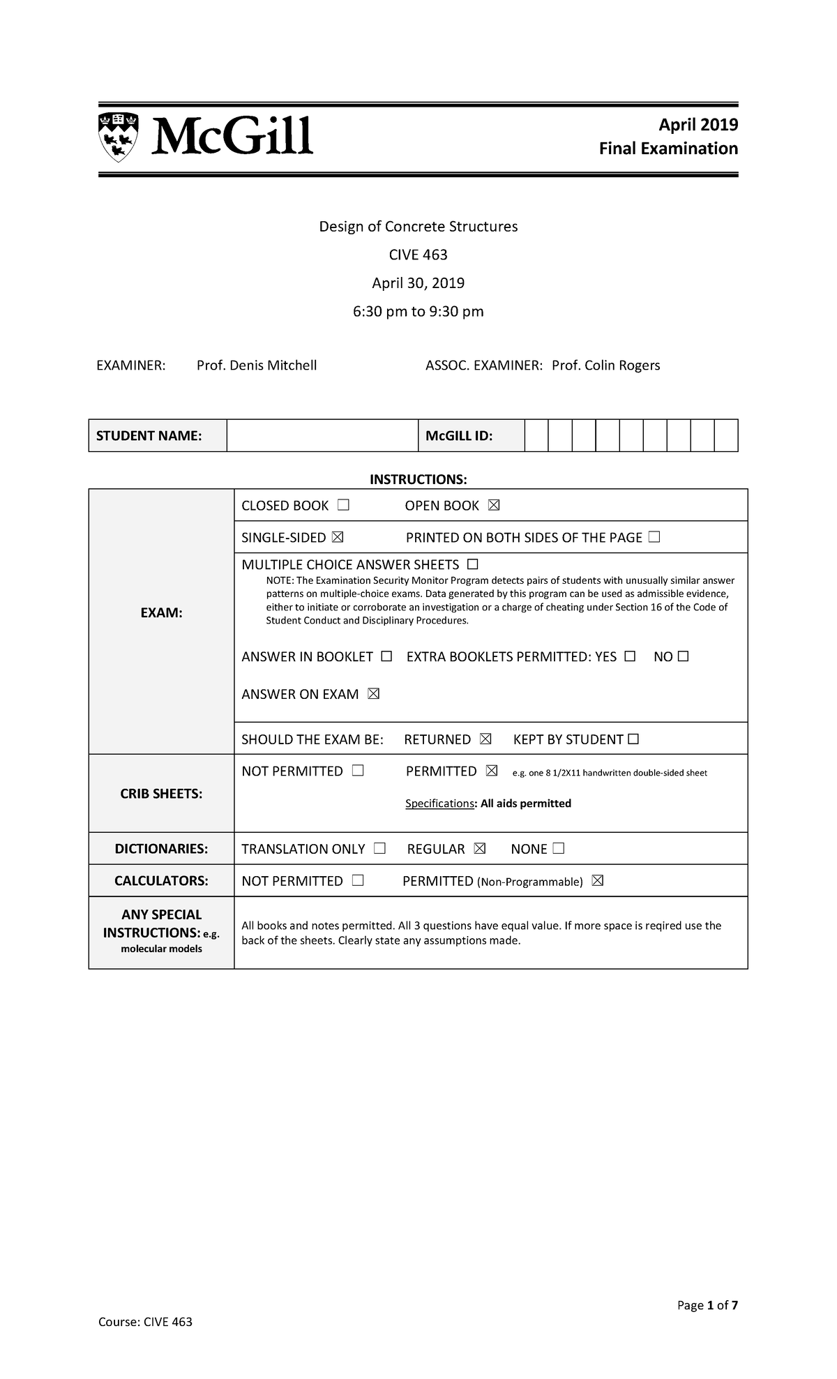CIVE 463 April 2019 Final Exam: Design of Concrete Structures - Studocu