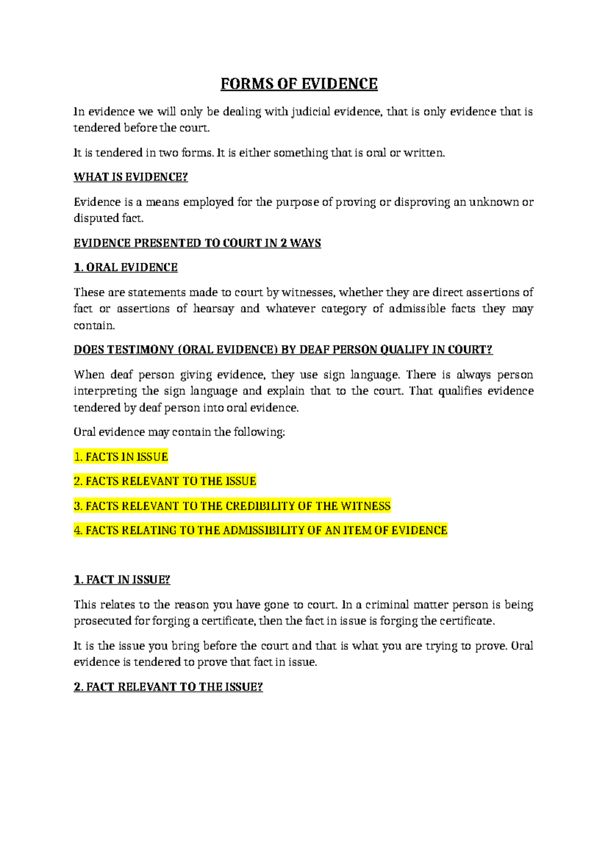 LAW 101: Forms of Evidence - Oral & Written Evidence in Court - Studocu