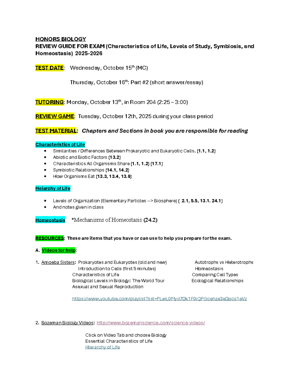 HONORS BIOLOGY REVIEW GUIDE FOR EXAM (Homeostasis & Symbiosis) - Studocu