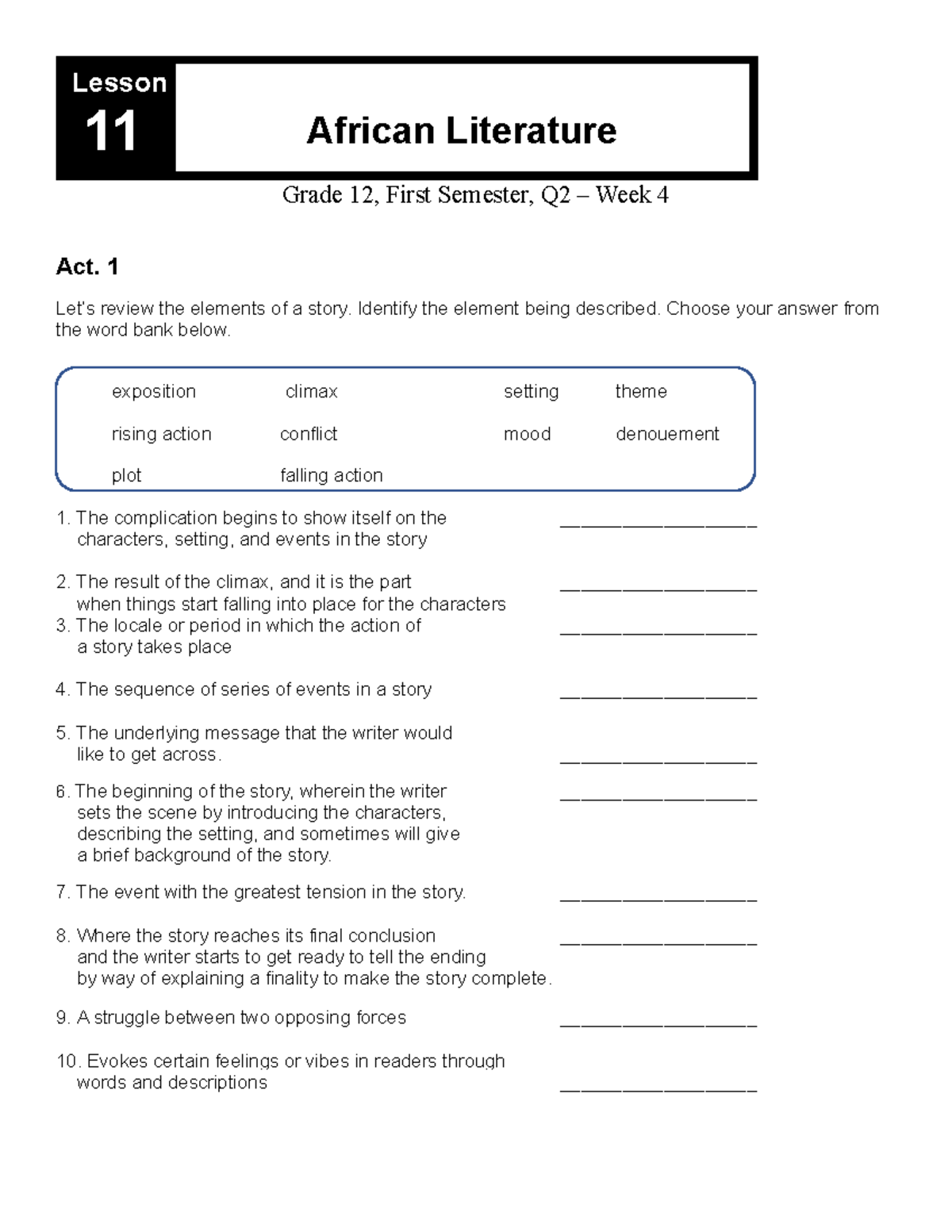 21st Literature Mod4 - Lesson 11 African Literature Grade 12, First ...