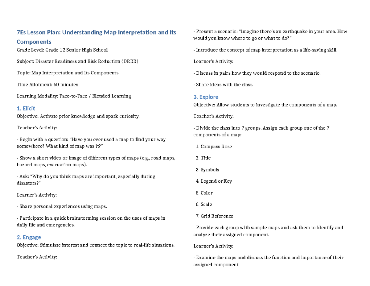 7Es Lesson Plan: Map Interpretation Skills for Disaster Readiness - Studocu