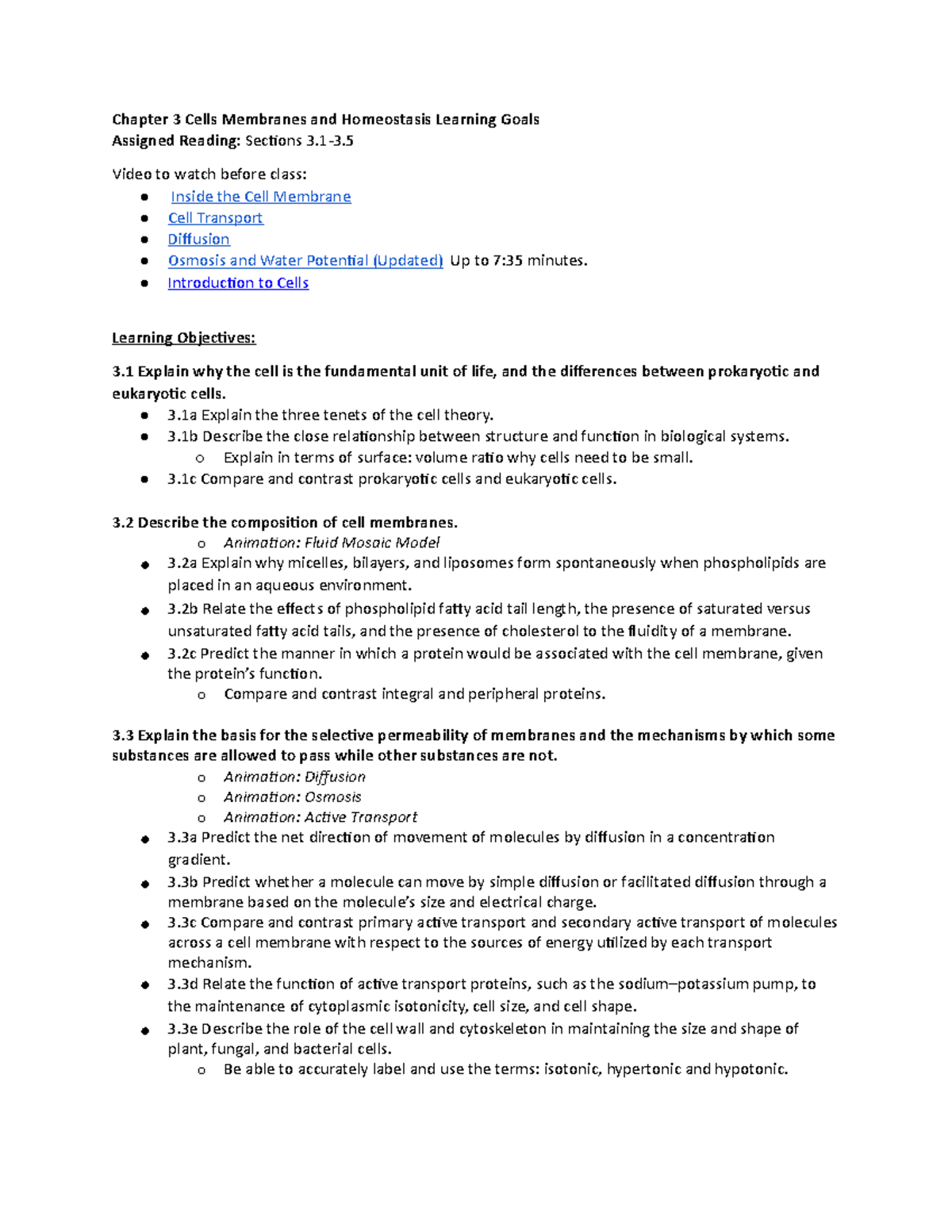 Chapter 3: Cells, Membranes & Homeostasis Learning Goals - Studocu