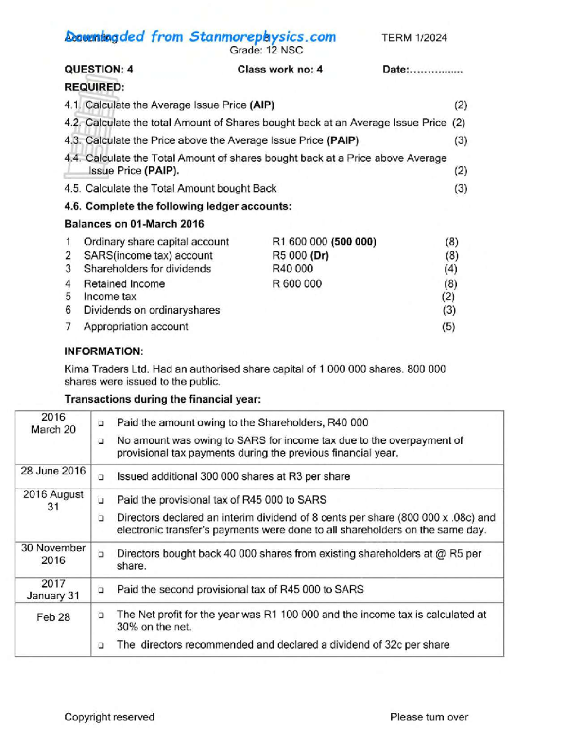 Grade 12 Accounting Homework: Share Capital Calculations and Ledger ...