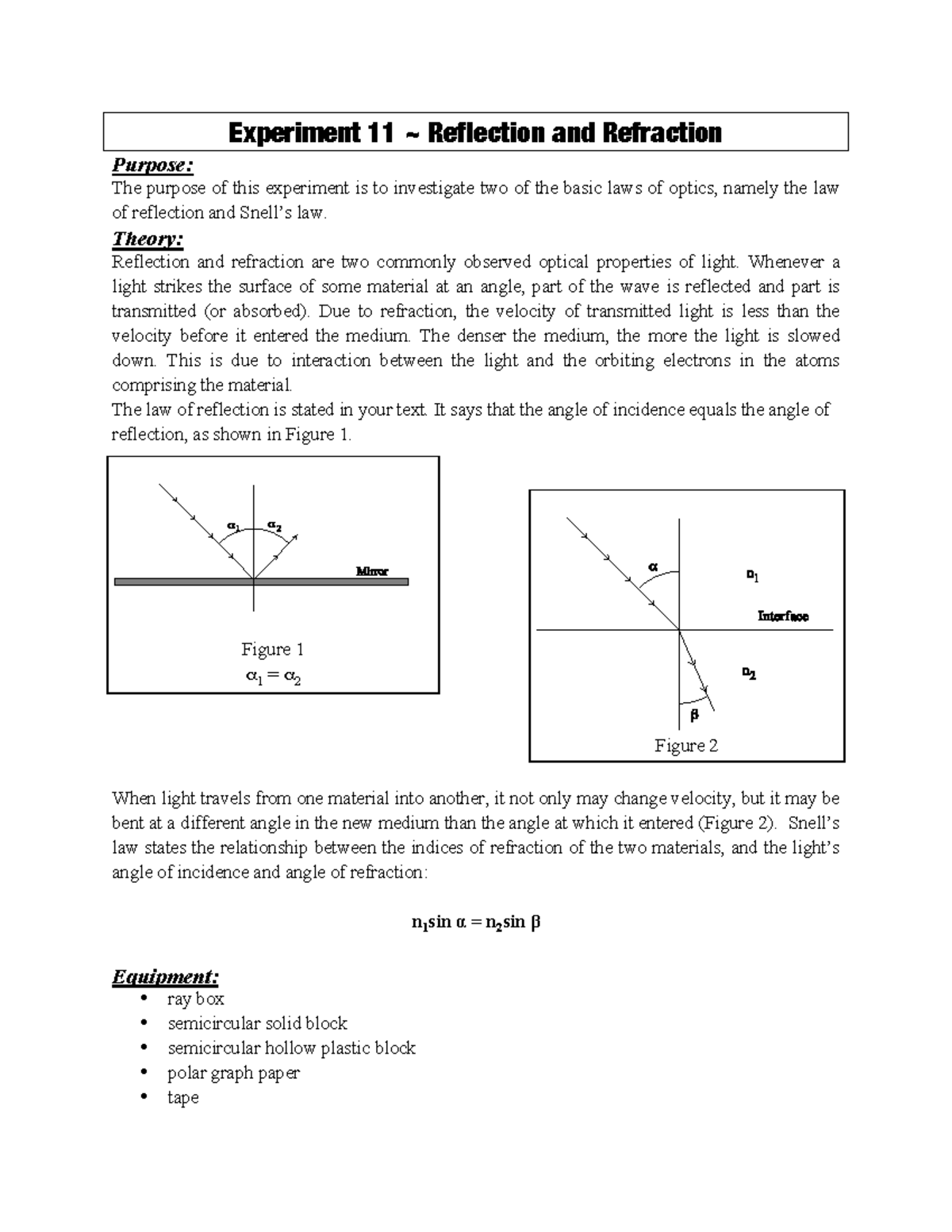 Exp11. Reflection and Refraction - Experiment 11 ~ Reflection and ...
