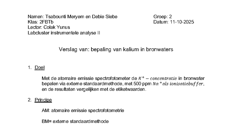 Verslag van Kaliumbepaling in Bronwater - 2FBTb Labcluster II - Studocu