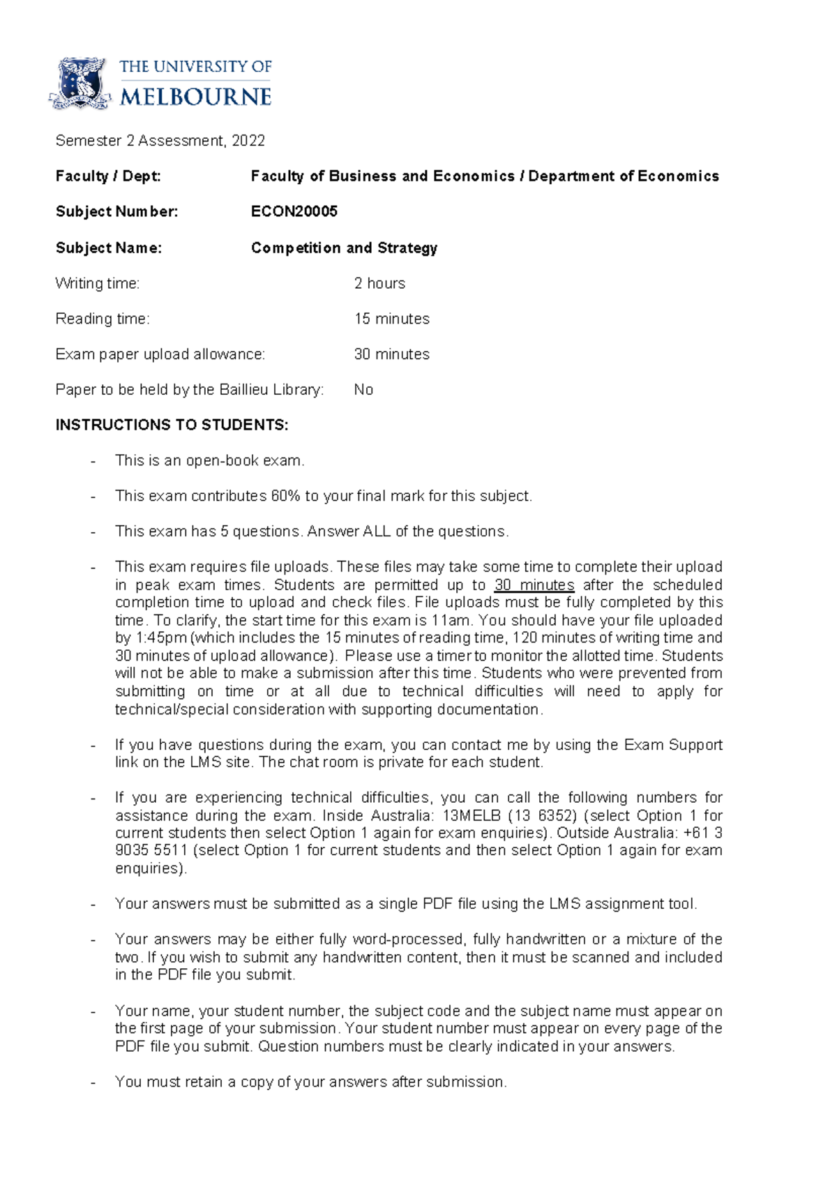 Final Exam Instructions & Guidelines - ECON2000 5 - Studocu