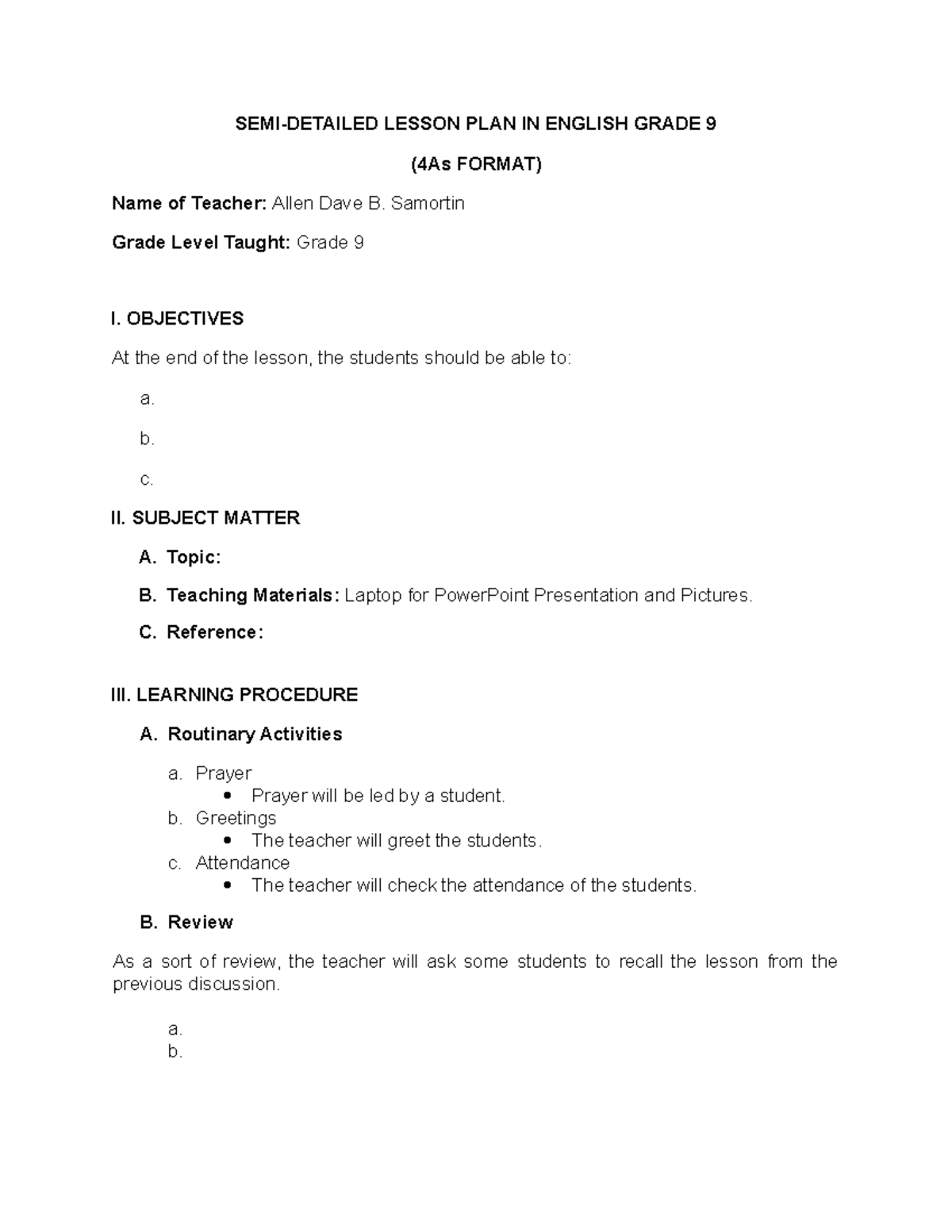 Grade 9 English Semi-Detailed Lesson Plan (4As Format) - Studocu