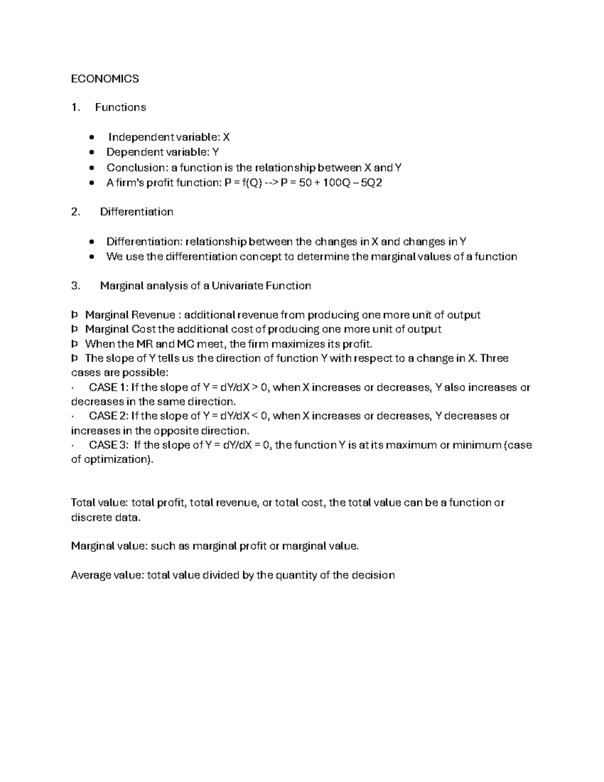 ECON 1: Functions & Differentiation Notes on Marginal Analysis - Studocu
