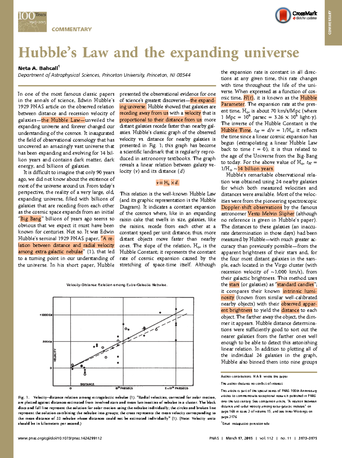 Bahcall's Commentary on Hubble's Law and the Expanding Universe - Studocu