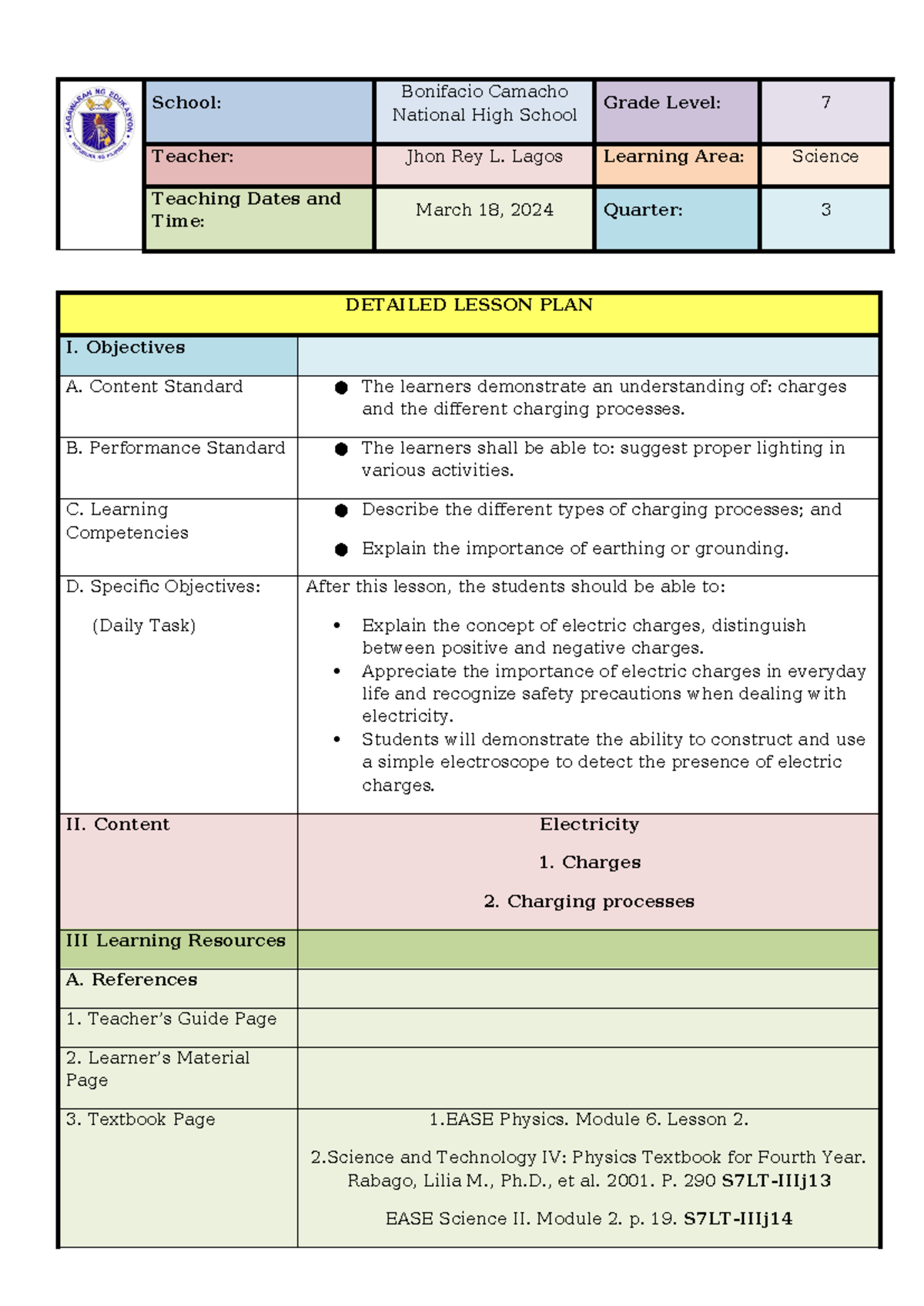 Grade 7 Science Lesson Plan: Electric Charges & Charging Processes DLP ...