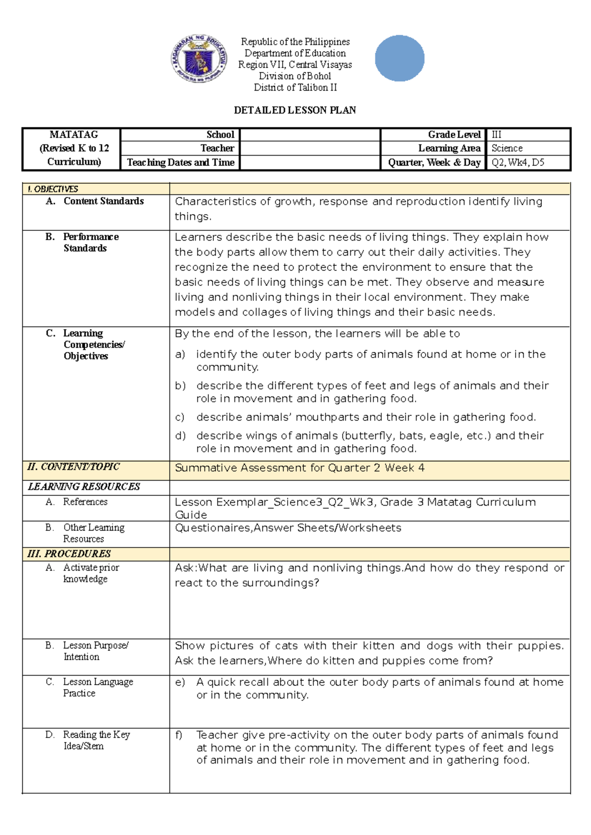 DLP Summative Test: Science Q2 Wk4 D5 - Grade 3 Matatag Curriculum ...