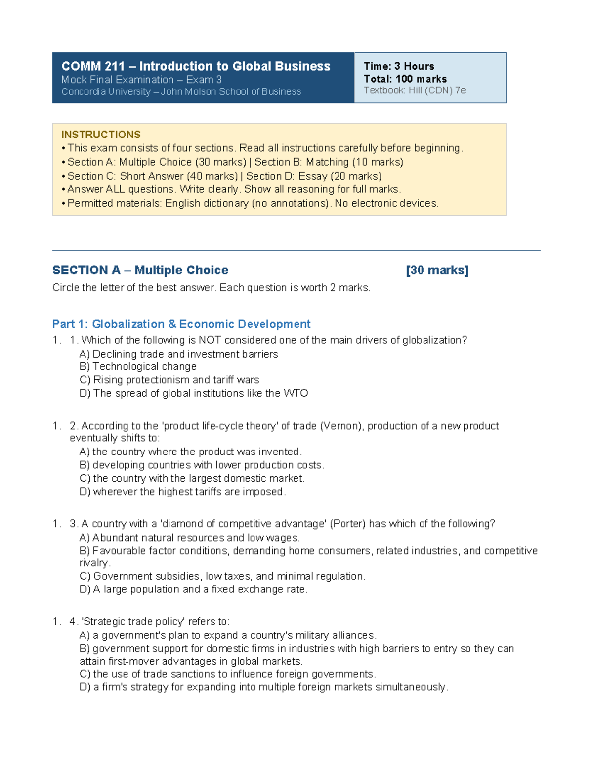 COMM 211 Mock Final Exam 3 - Global Business Overview - Studocu