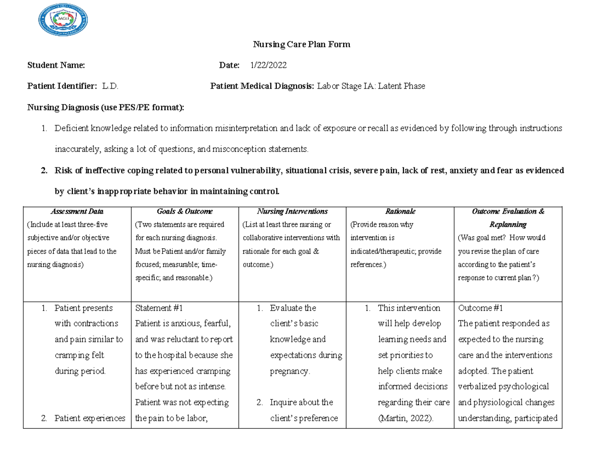 Nursing Care Plan for Labor Stage IA: Deficient Knowledge and Coping ...