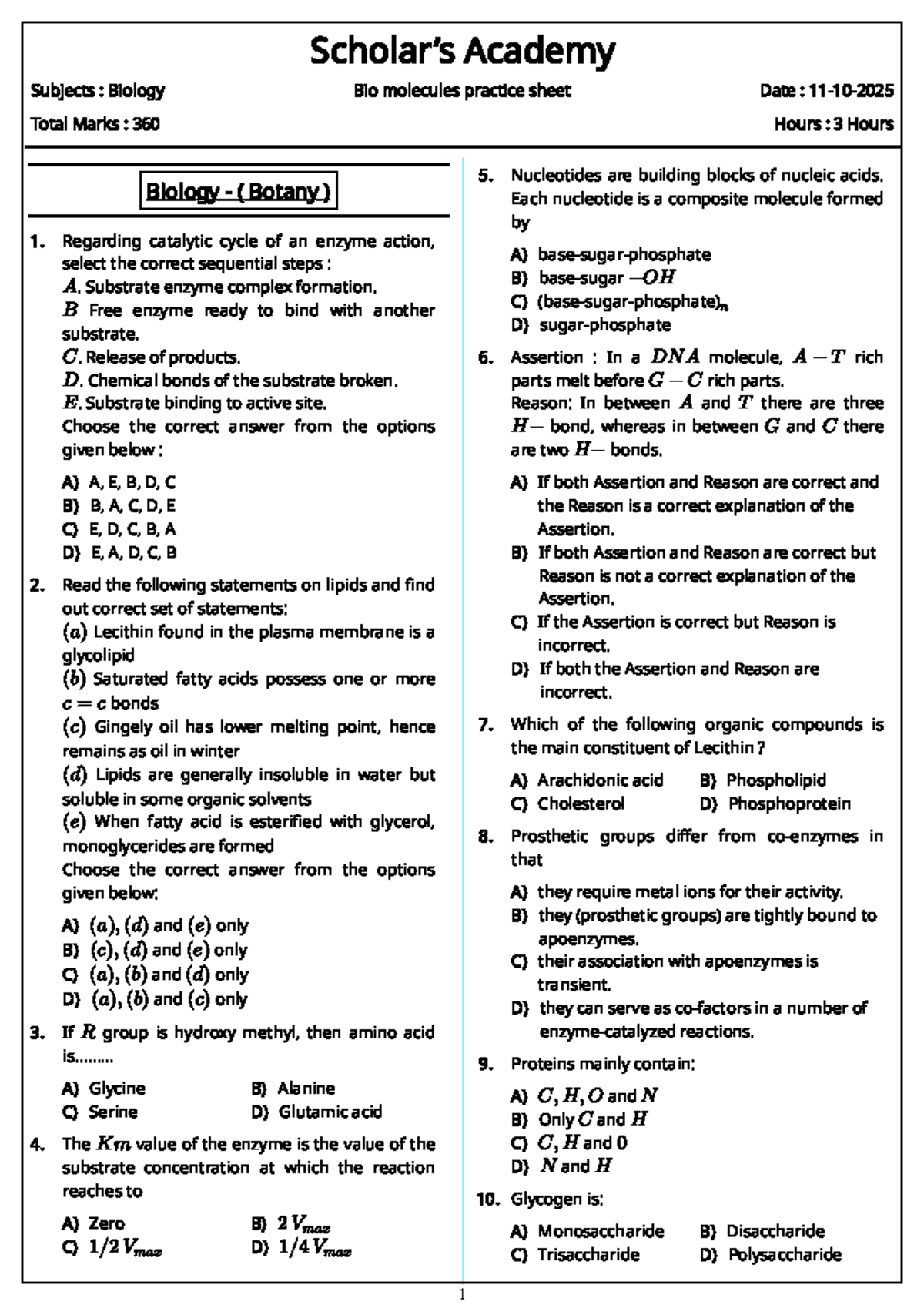 Biology (Botany) Exam: Bio Molecules Practice Sheet - 11th Oct 2025 ...