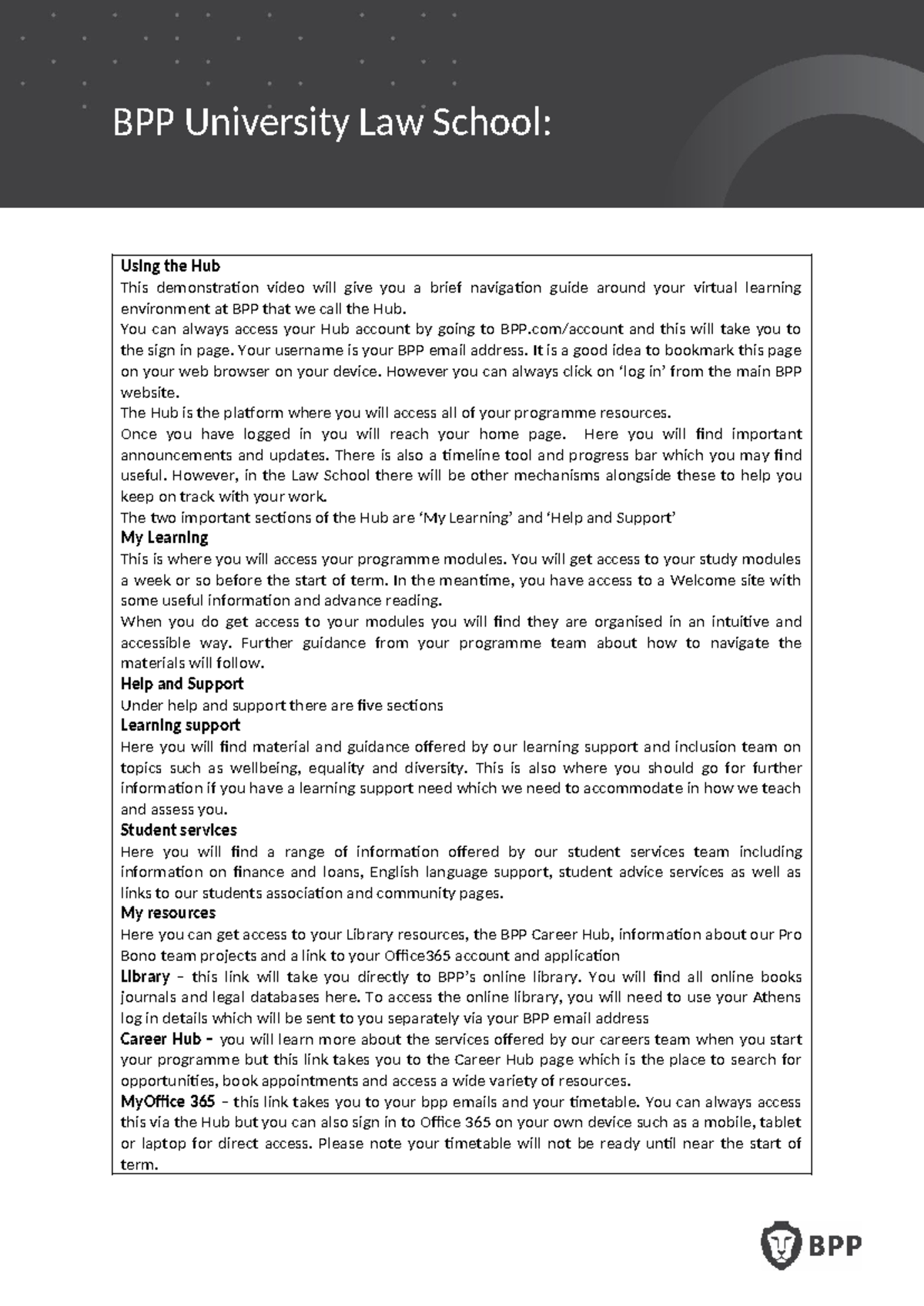 BPP Law School: Navigating the Hub - A Brief Guide - Studocu