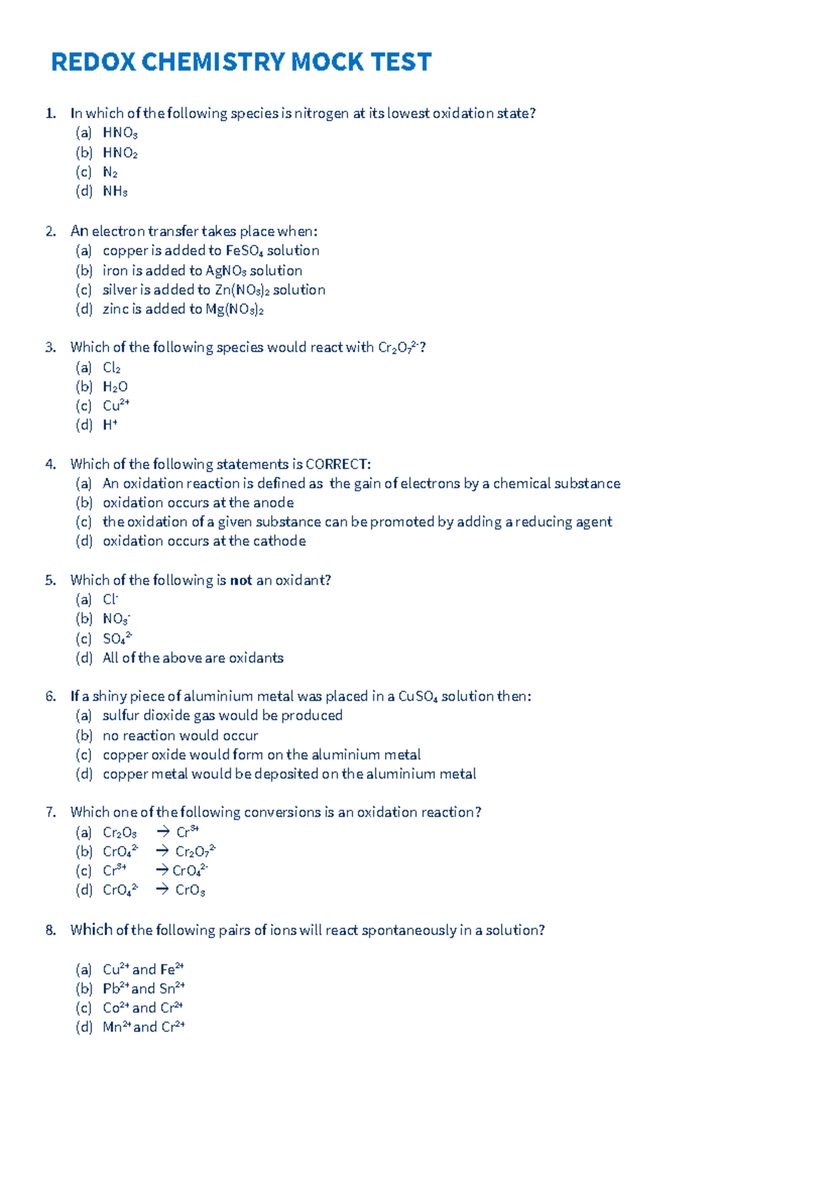 Chem 2 Mock Test 2 - Redox Chemistry Concepts & Applications - Studocu