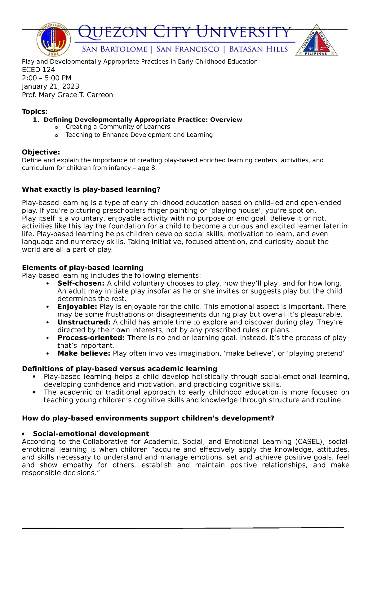 ECED 124 Week 1: Play-Based Learning & Developmentally Appropriate ...