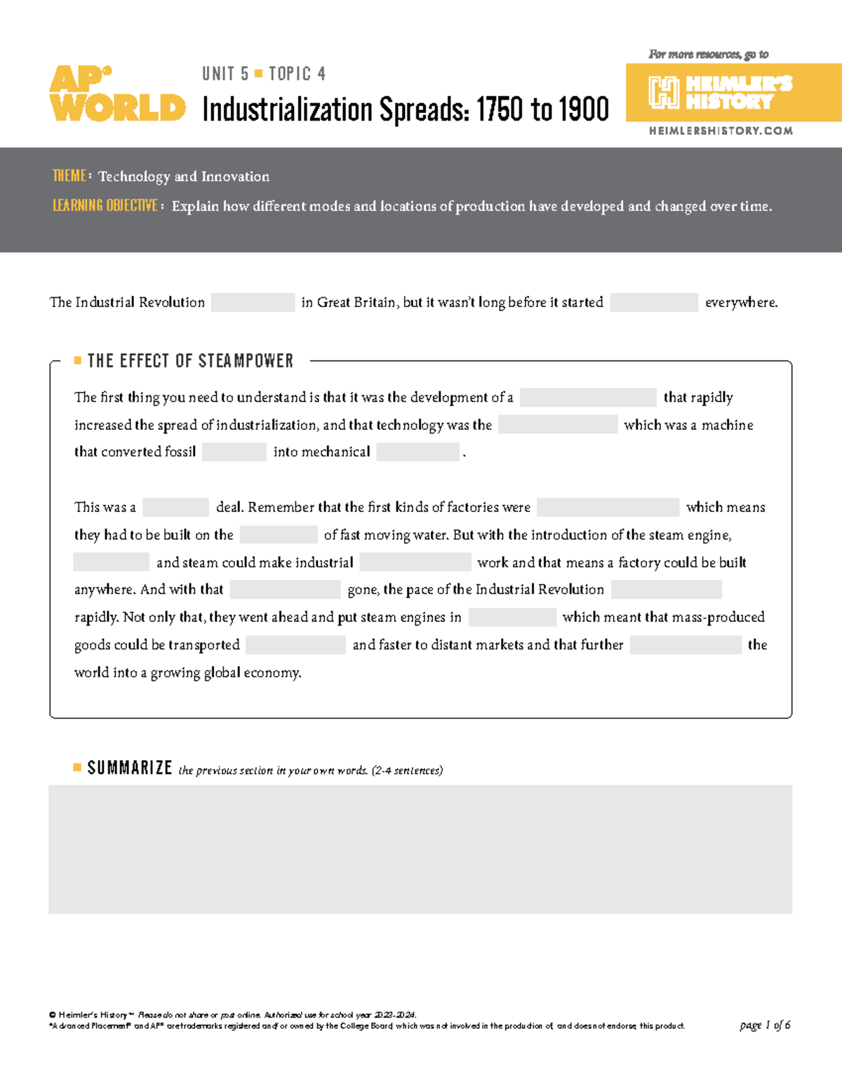 APWH - Industrialization Spreads: Key Developments from 1750 to 1900 ...