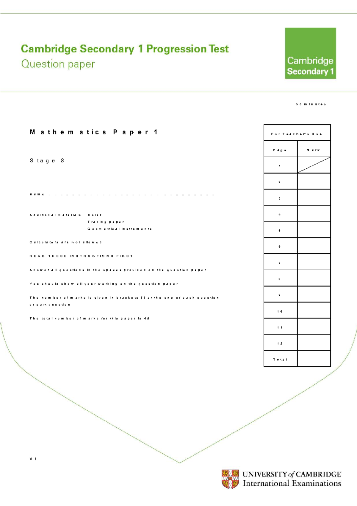 Year 8 Mathematics Progression Test 2011 - Paper 1 - Studocu