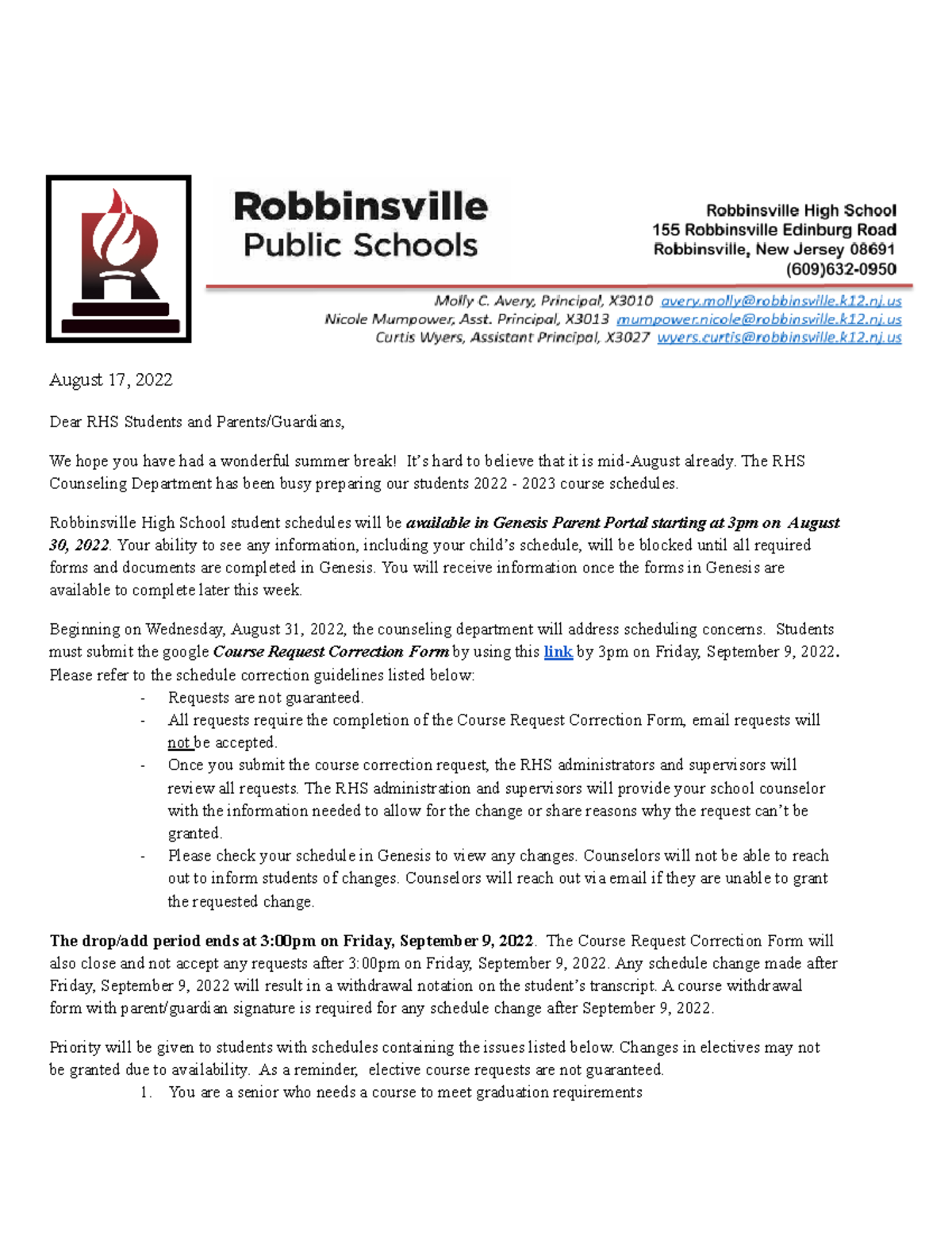 RHS 2022-2023 Student Schedule Info & Correction Process Letter - Studocu