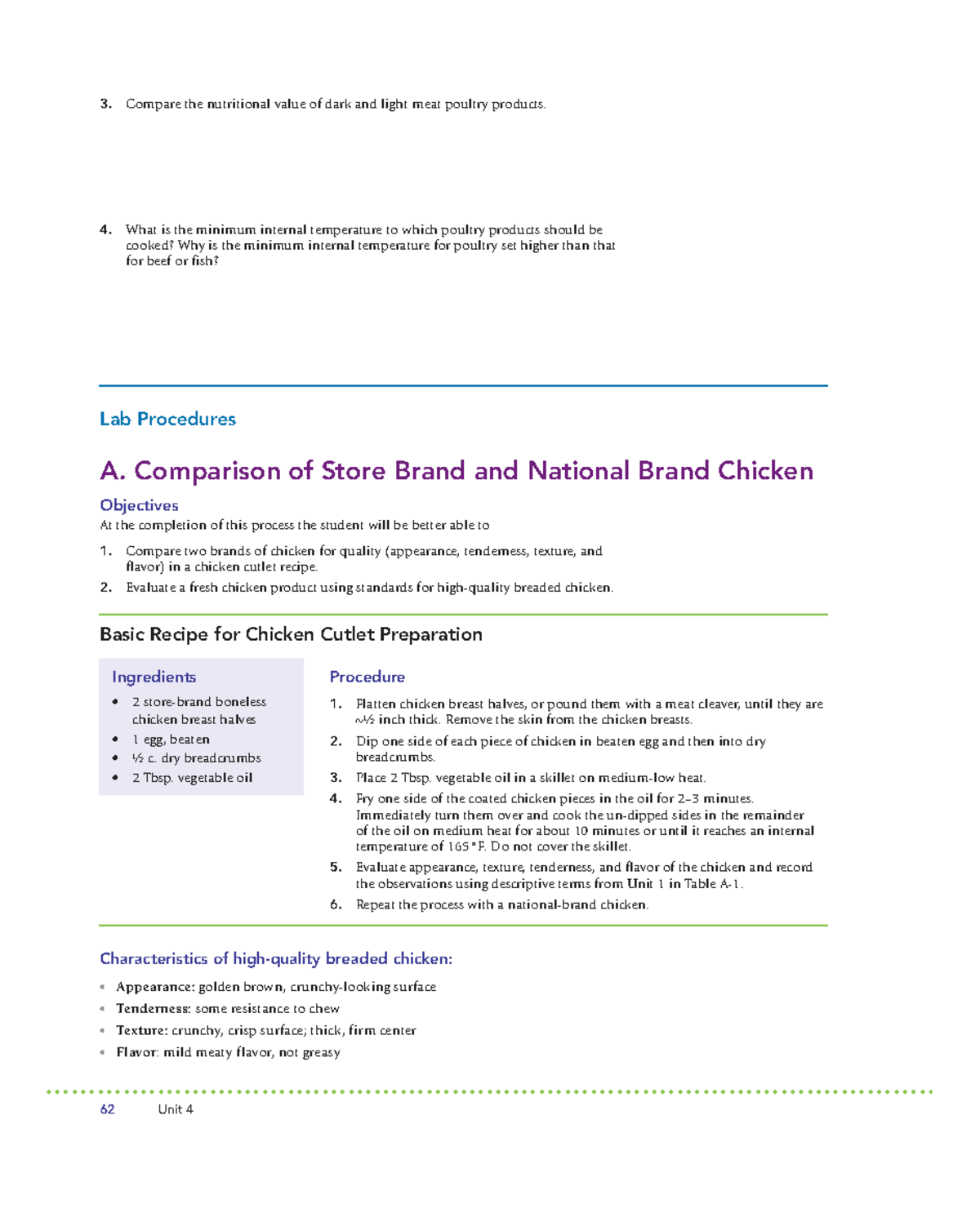 Unit 4 Lab Procedures: Comparing Poultry Products and Cooking Standards ...