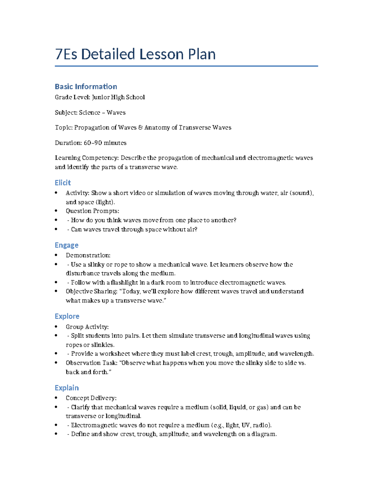 7Es Detailed Lesson Plan: Propagation of Waves for Junior High Science ...